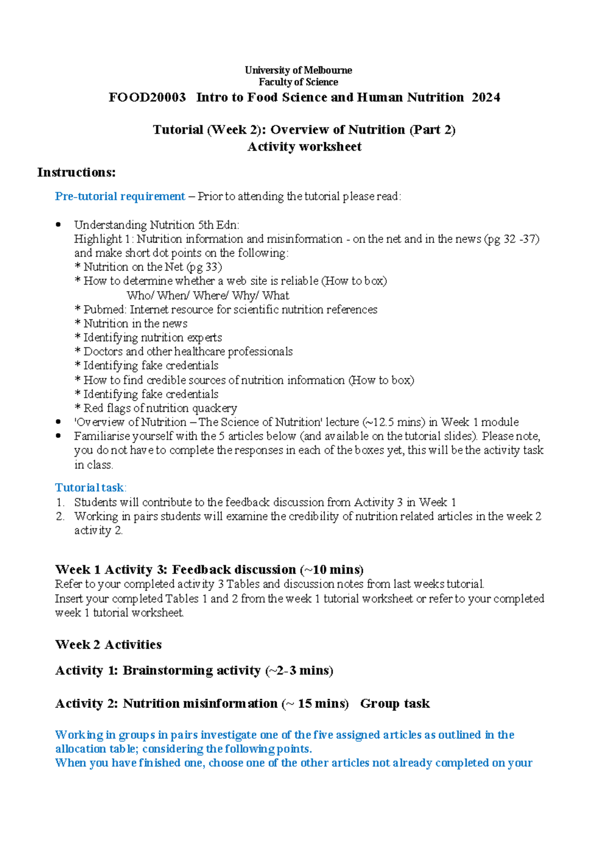 Week 2 Tutorial worksheet Overview of Nutrition Part 2 2024 ...
