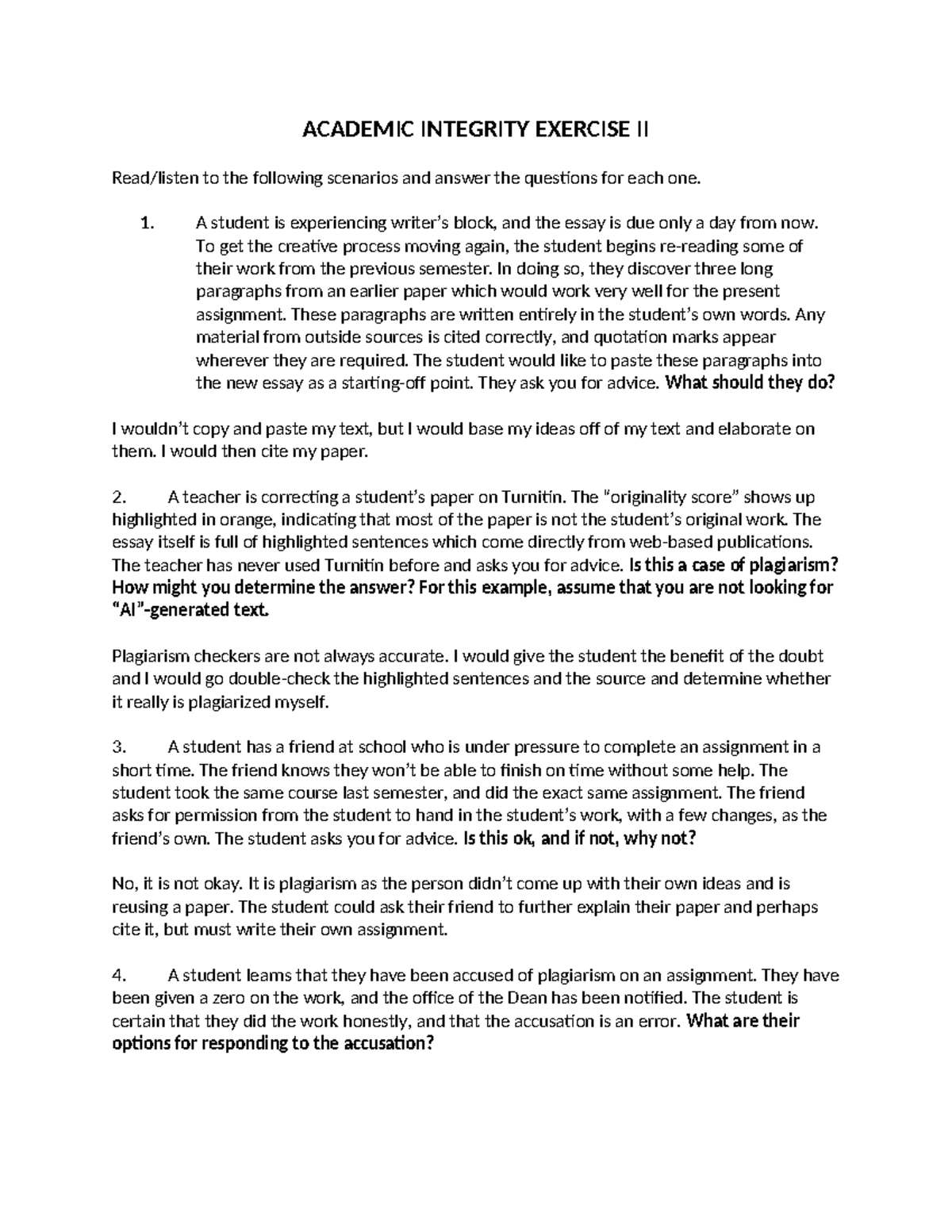 F2023 Academic Integrity Exercise II - ACADEMIC INTEGRITY EXERCISE II ...