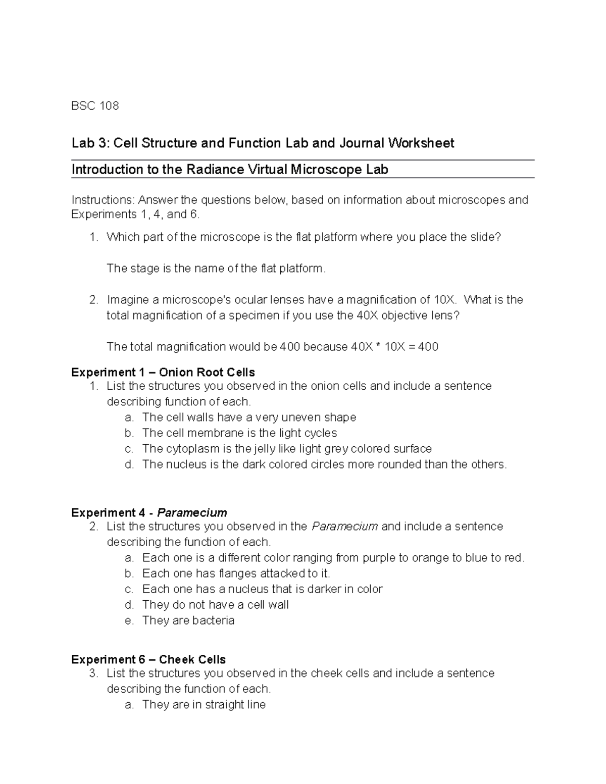 Lab 3 report bsc 108 - BSC 108 Lab 3: Cell Structure and Function Lab and Journal Worksheet ...