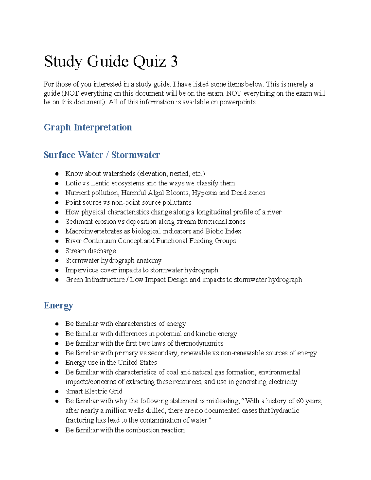 Study Guide Quiz 3: Water and Energy Concepts - Studocu
