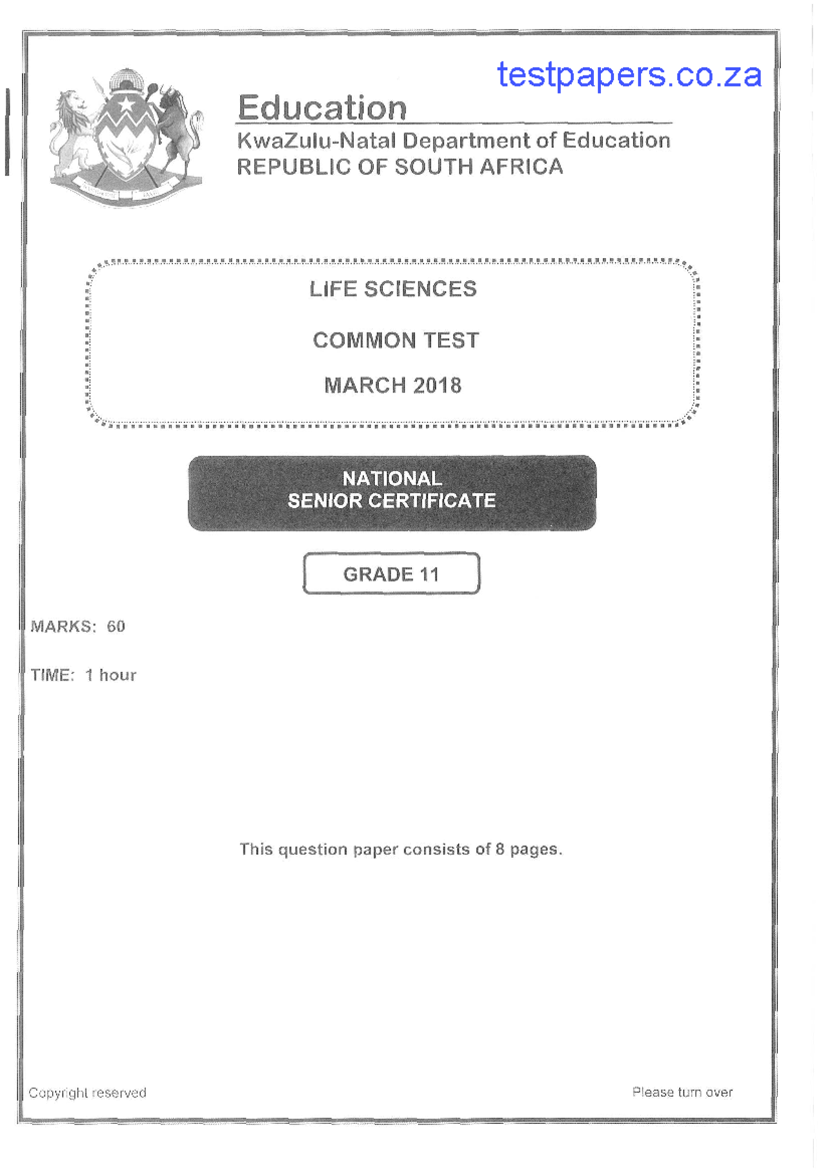 Life Sciences Grade 11 Common Test March 2018 QP & Memo NSC - Studocu