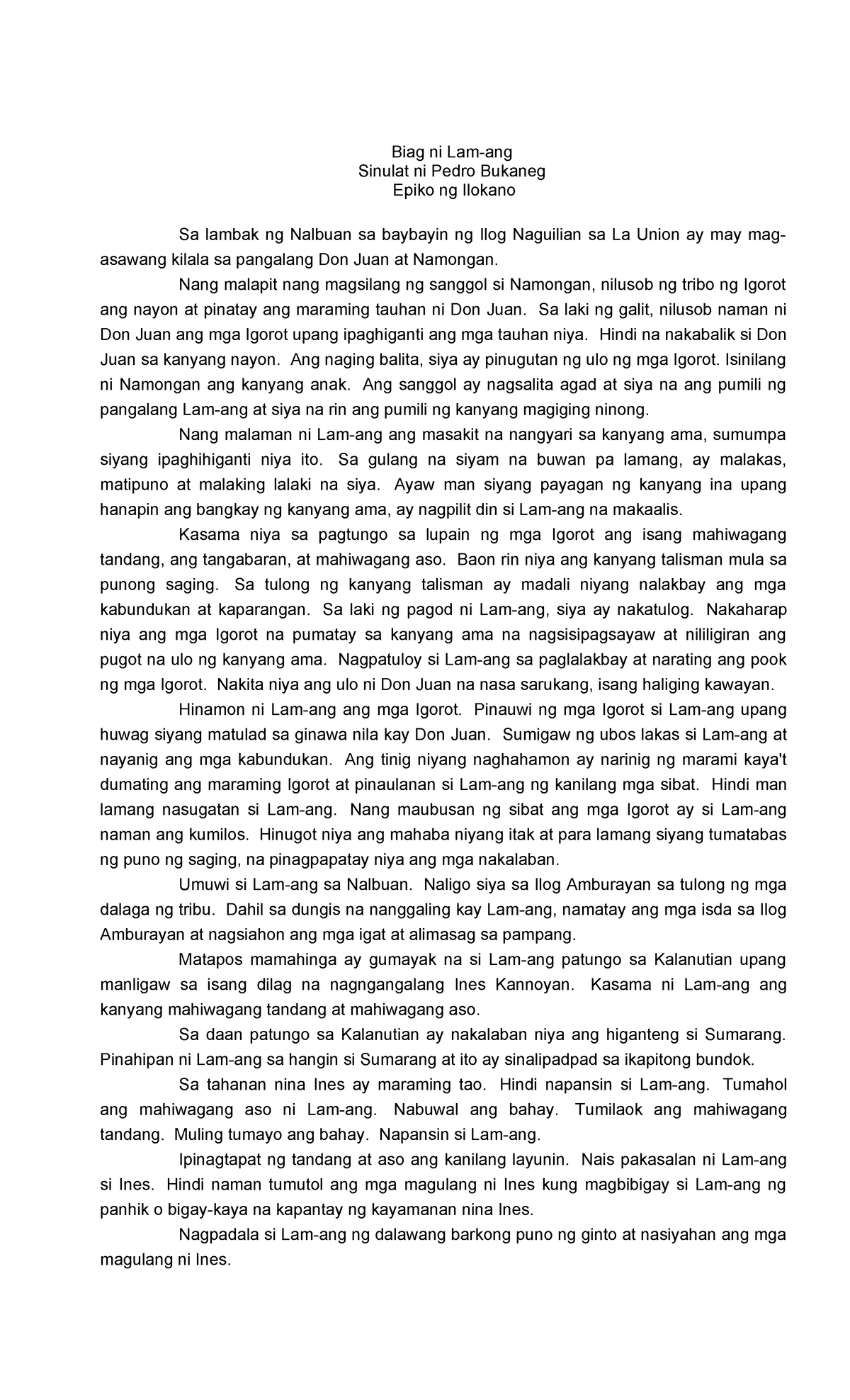 Biag ni Lam-ang: Isang Pagsusuri ng Epikong Ilokano - Studocu