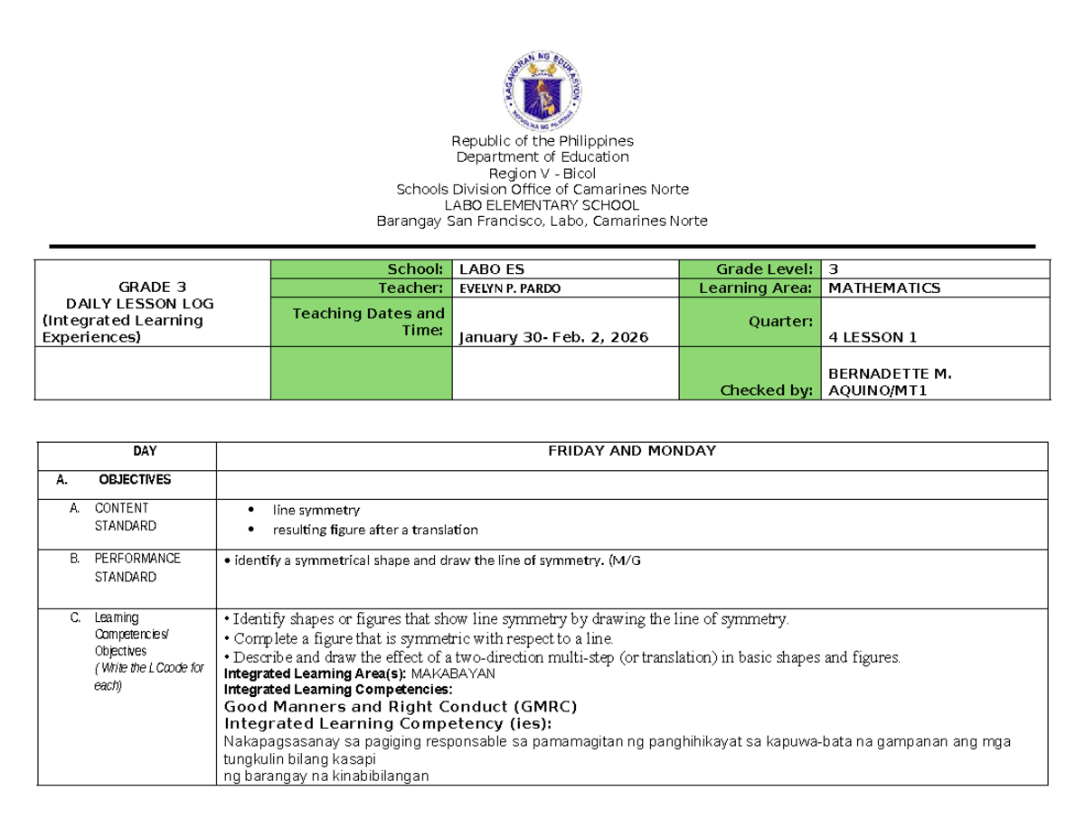 MATH 3 ILE DLL Q4 Lesson 1: Symmetry & Translation Activities - Studocu