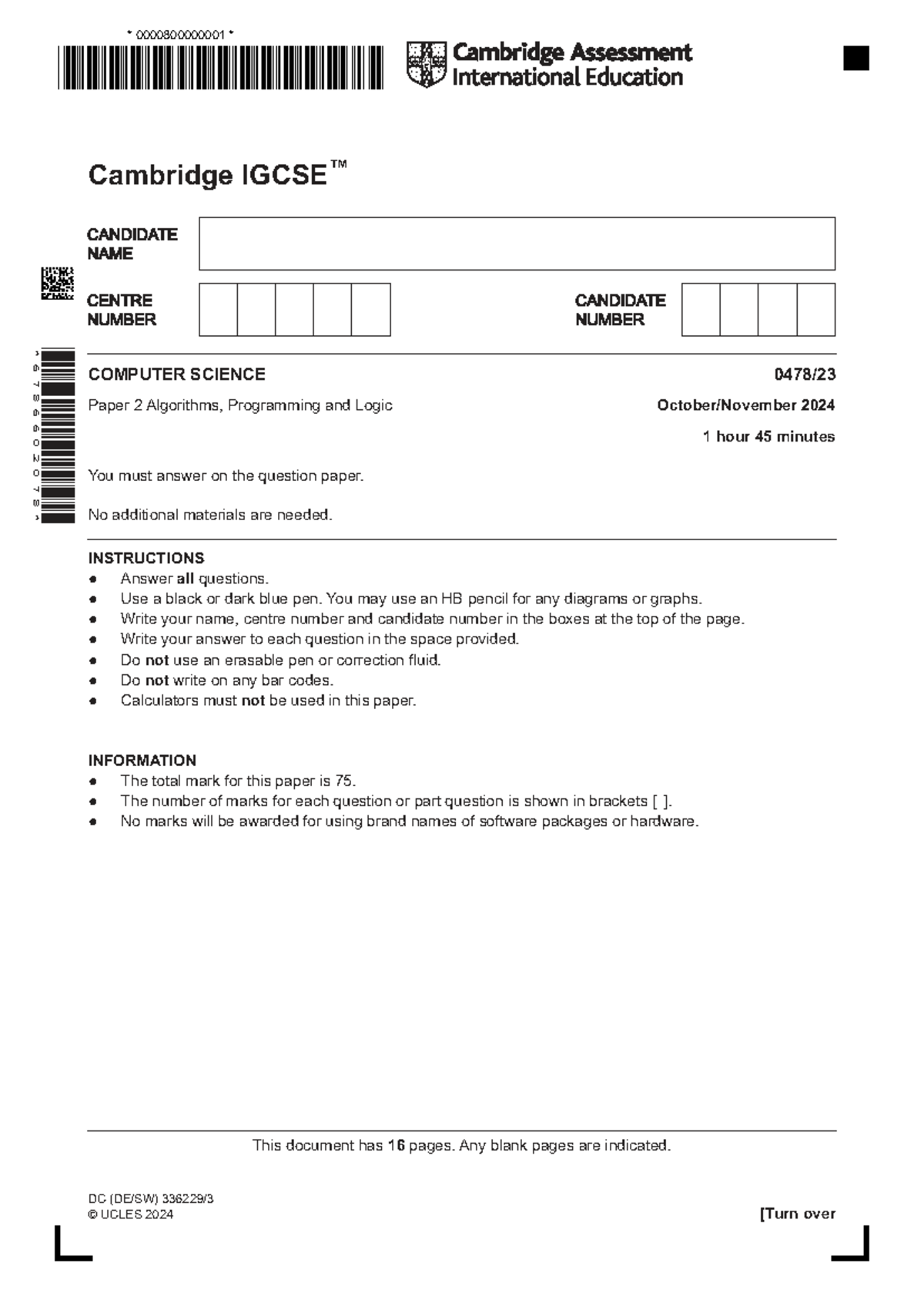 Cambridge 6 7 8 6 6 0 2 0 7 8 COMPUTER SCIENCE Paper 2: Algorithms ...