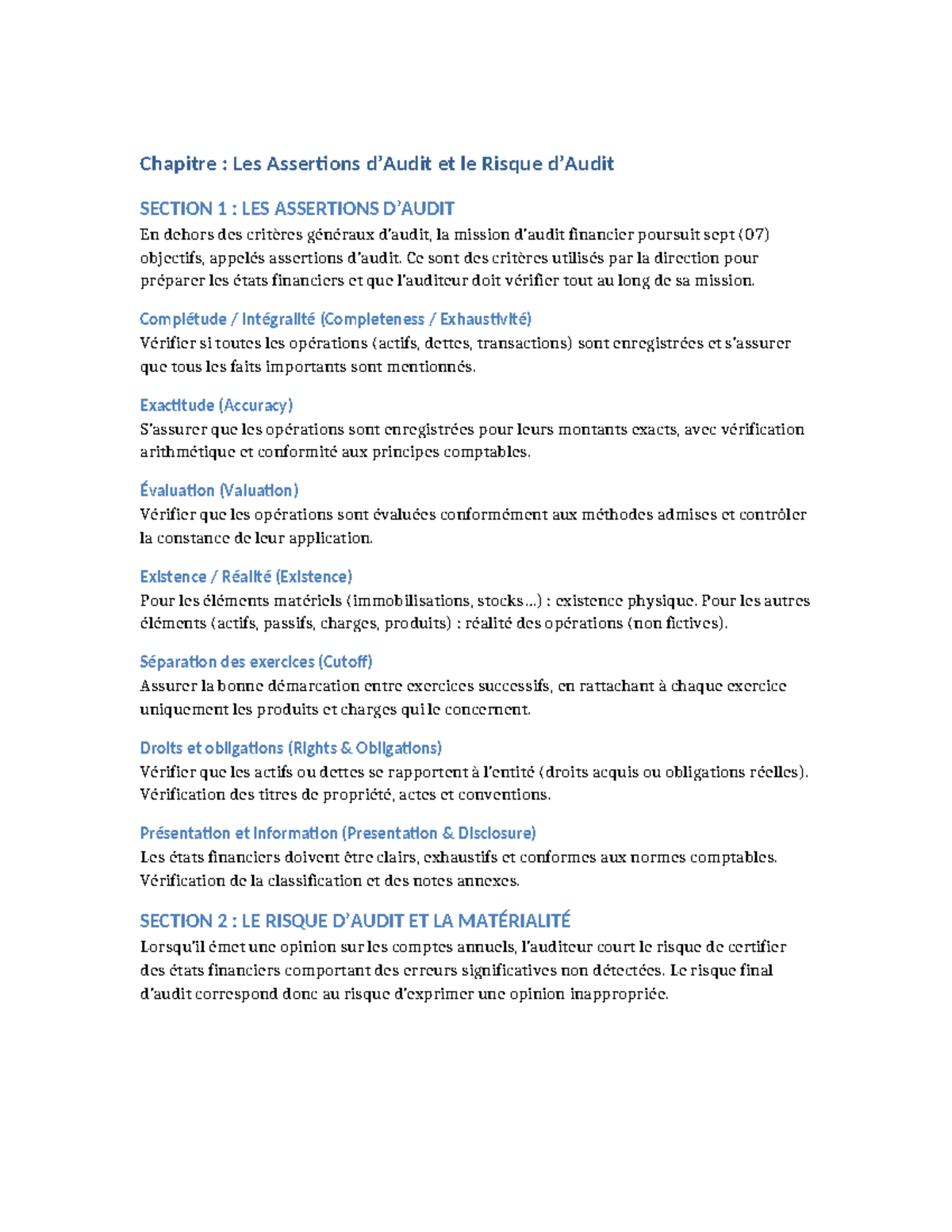 Chapitre 1 : Les Assertions et le Risque en Audit - Studocu