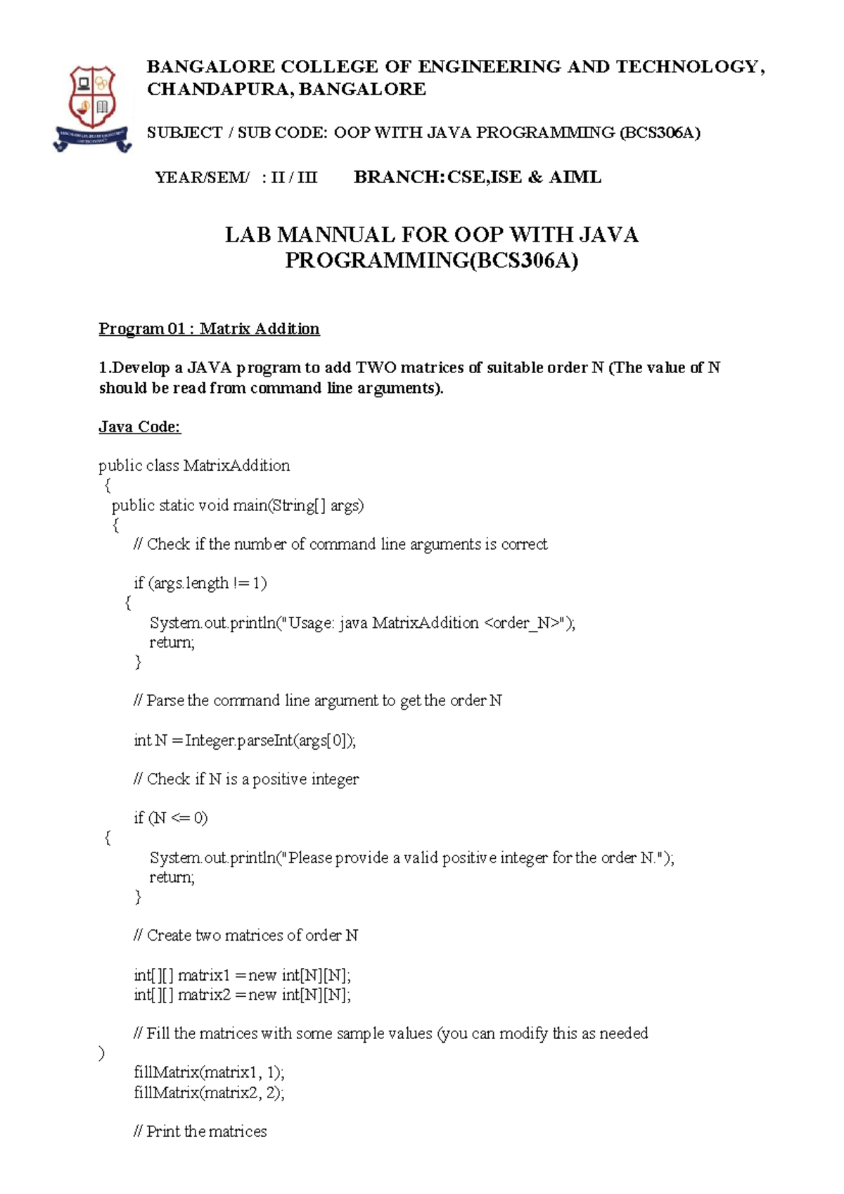 OOP WITH JAVA LAB Manual & Programs (BCS306A) - Studocu