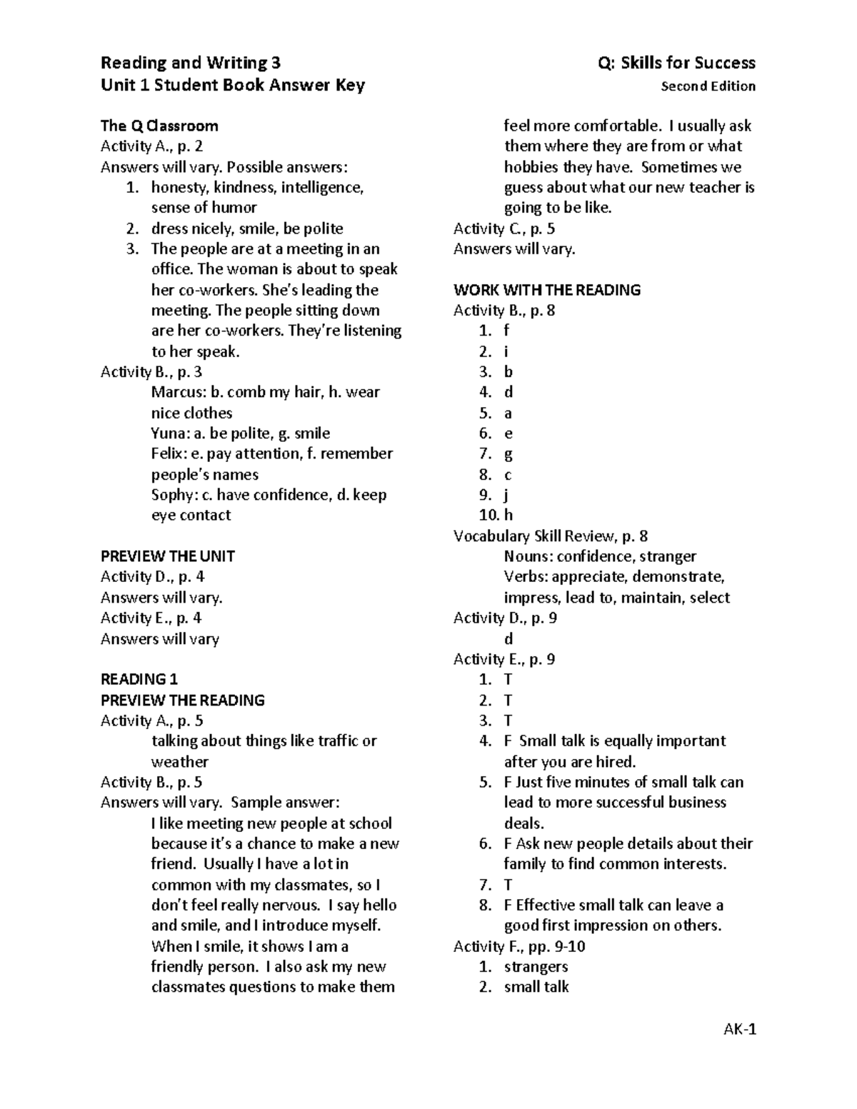 U01 Answer Key for Reading 1: Q Skills for Success - Studocu