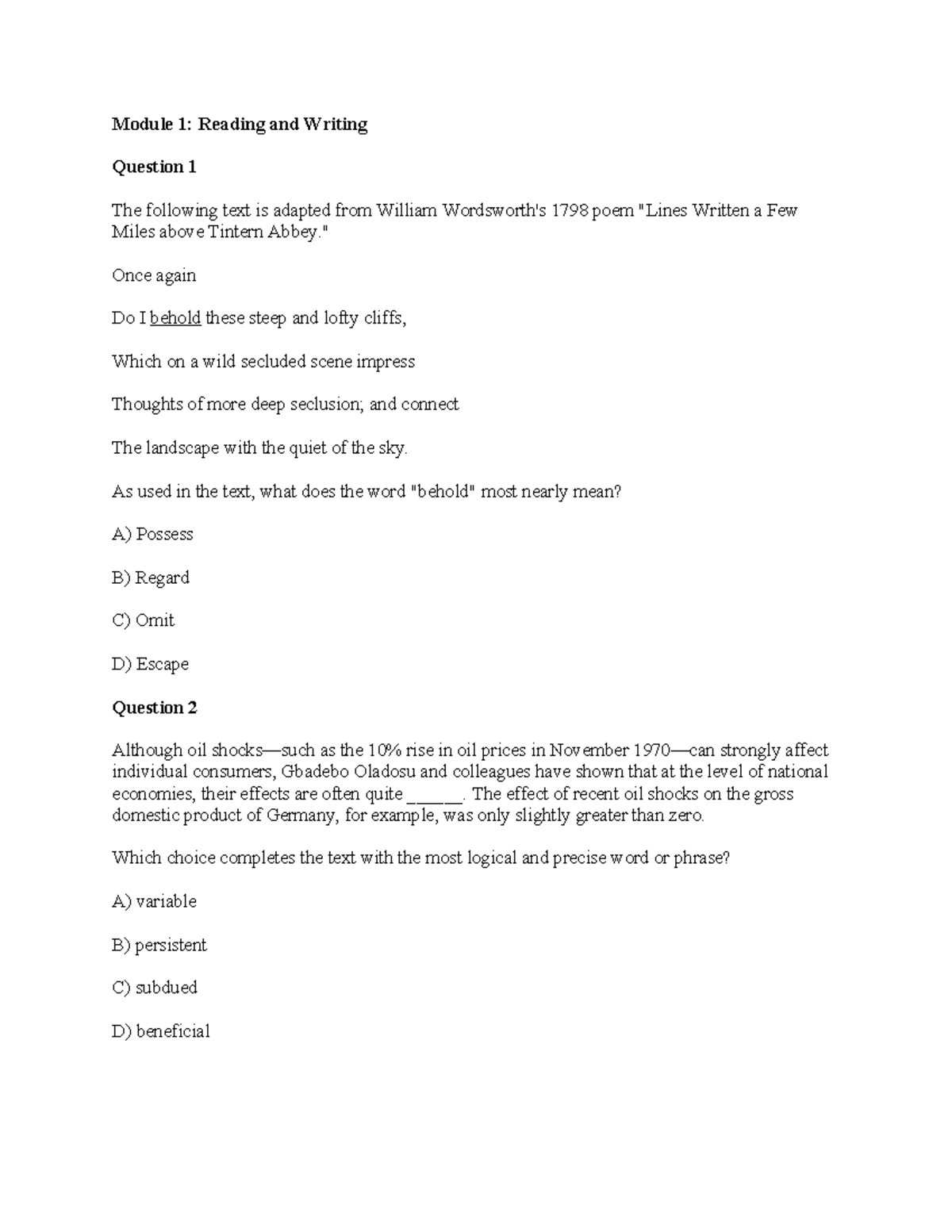 Module 1: Reading and Writing Practice Questions and Answers - Studocu