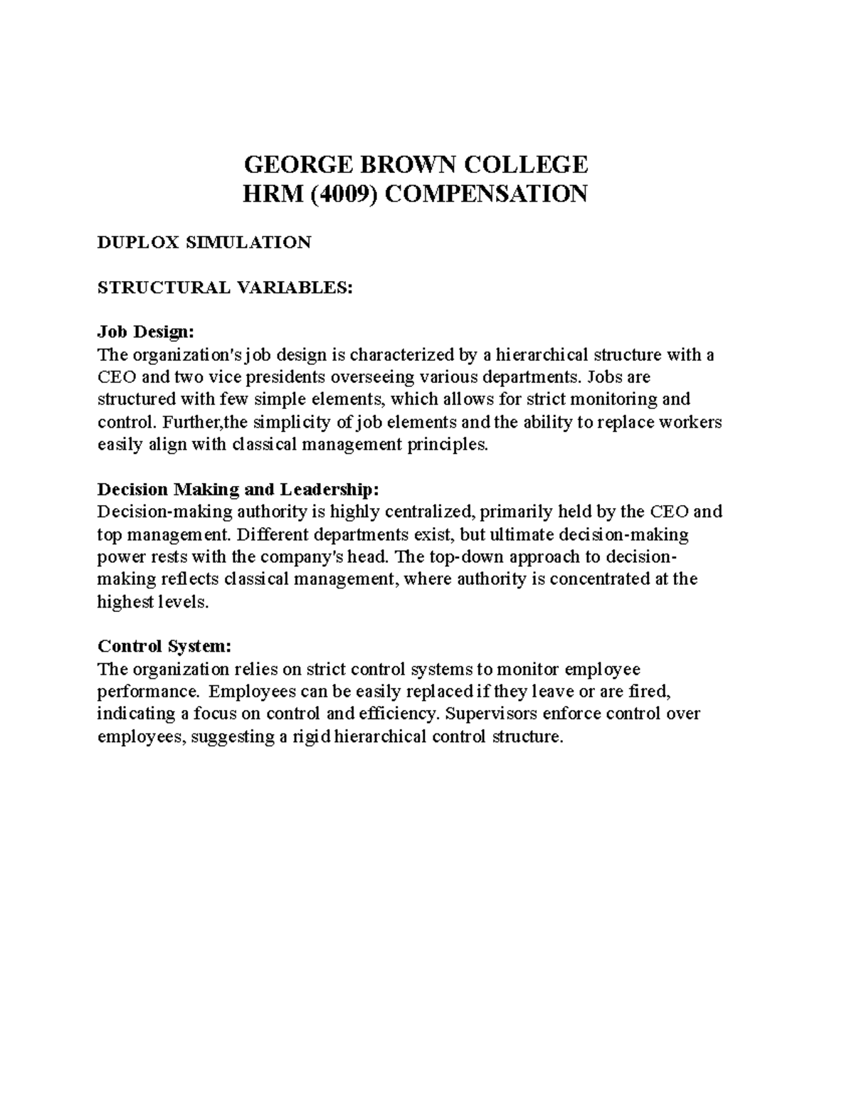 HRM 4009 Final Document - Duplox Simulation Analysis on Structure - Studocu