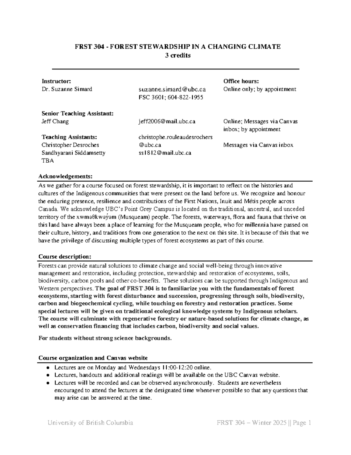 FRST 304 2025 Syllabus: Forest Stewardship & Climate Change Insights ...