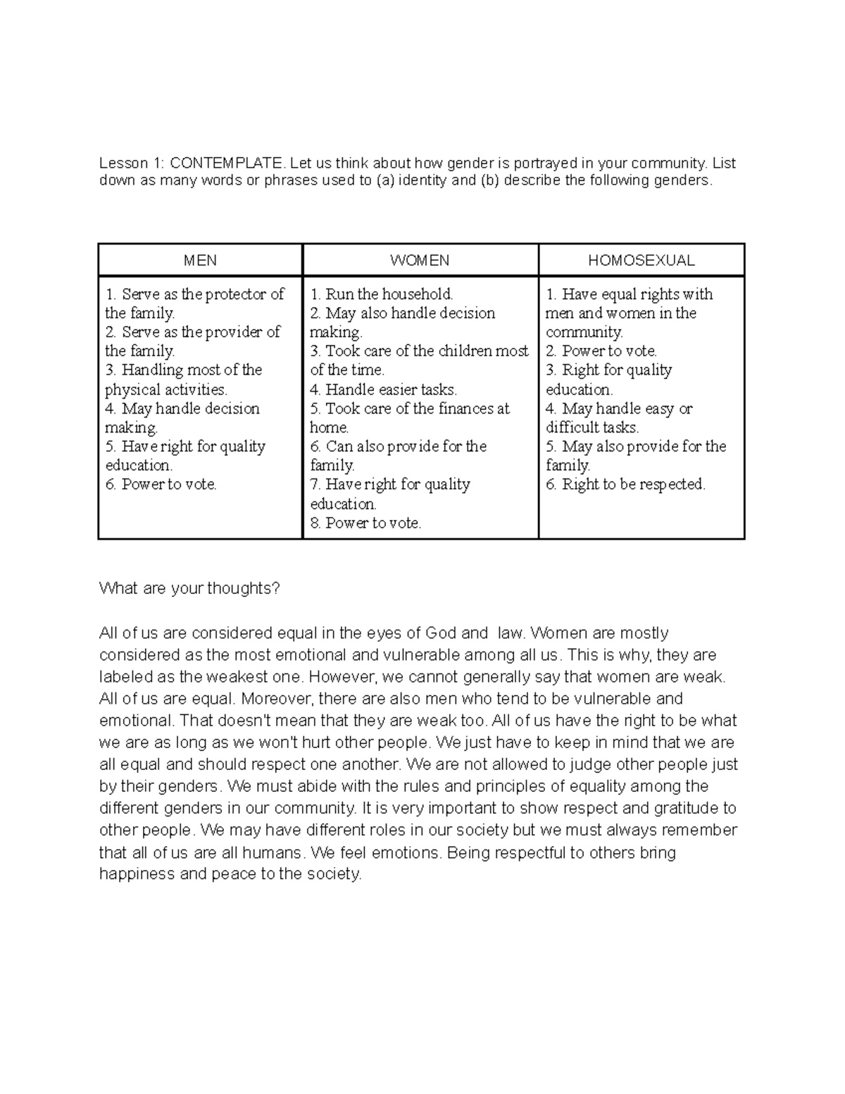 GE11 - Lesson 1 Activity: Gender Portrayal in the Community - Studocu