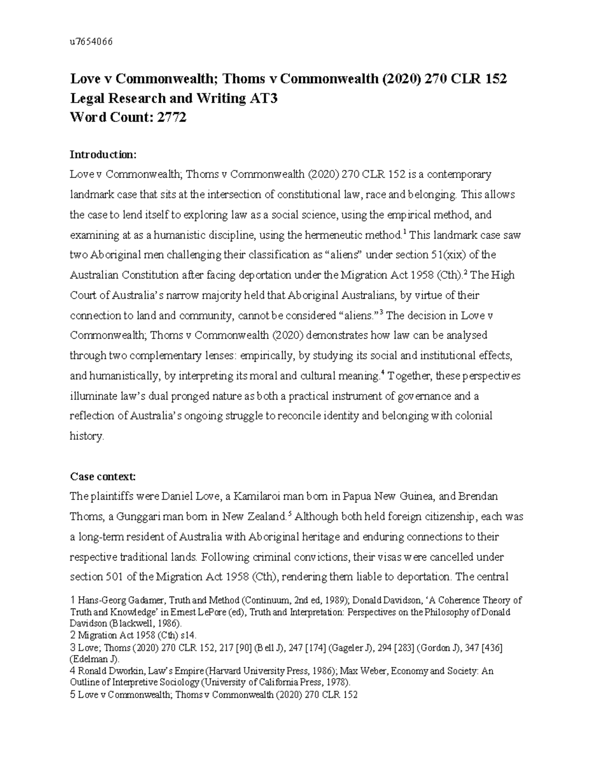 u7654066 Love v Thoms v Commonwealth (2020) - Final Essay Analysis ...