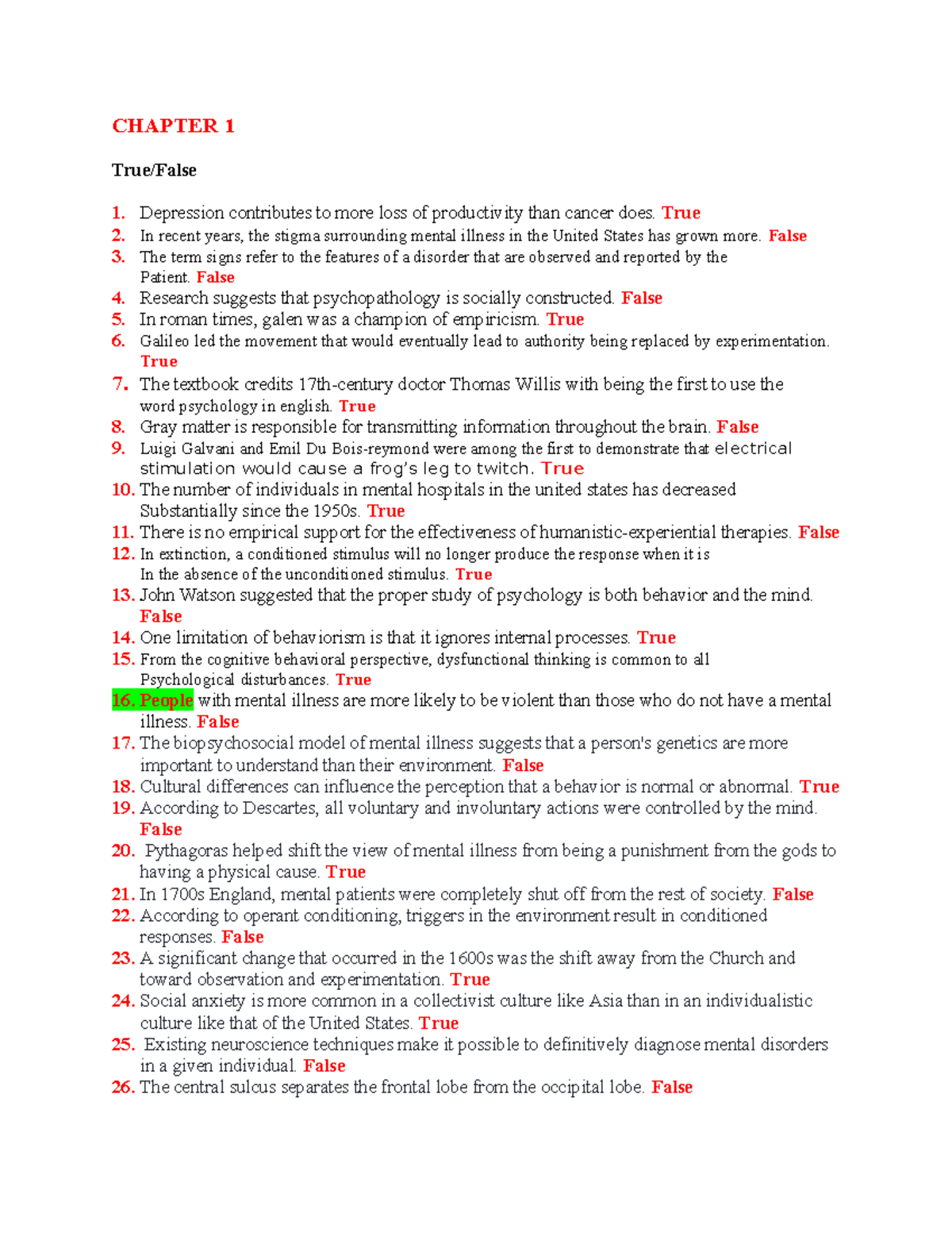 Chapter 1 True-False - Quizzes - CHAPTER 1 True/False 1. Depression ...
