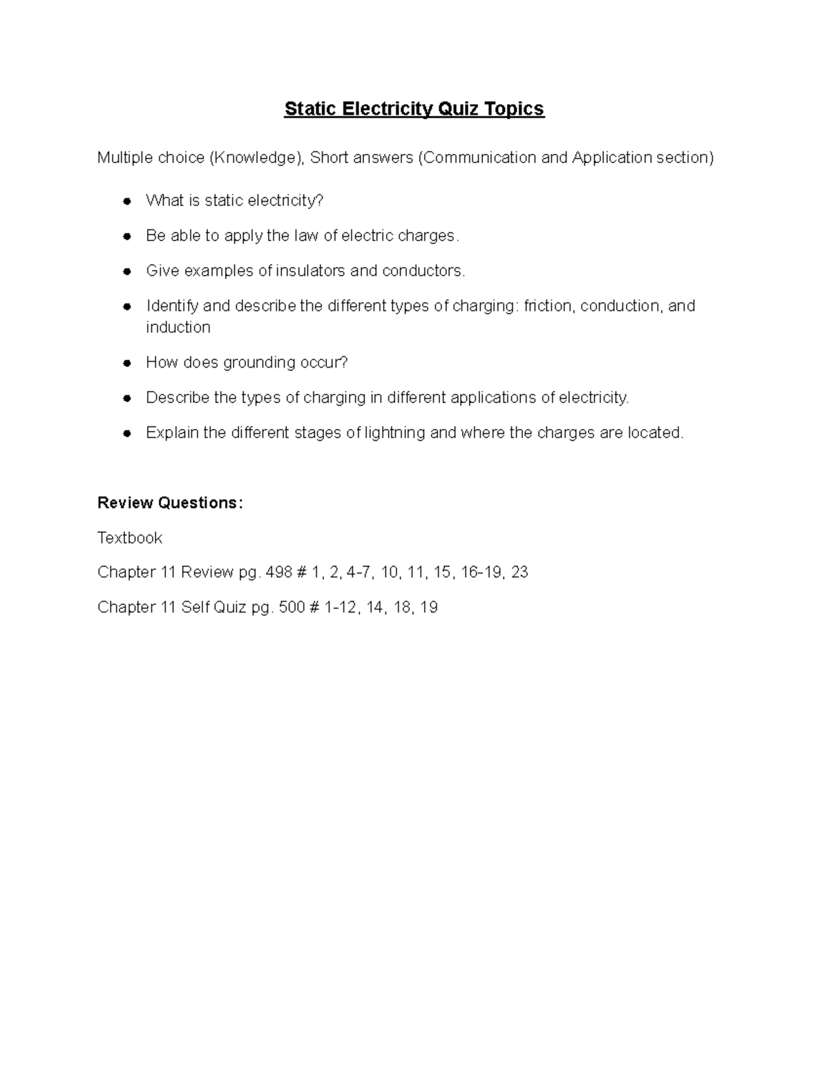 Static Electricity Quiz Topics - Static Electricity Quiz Topics ...