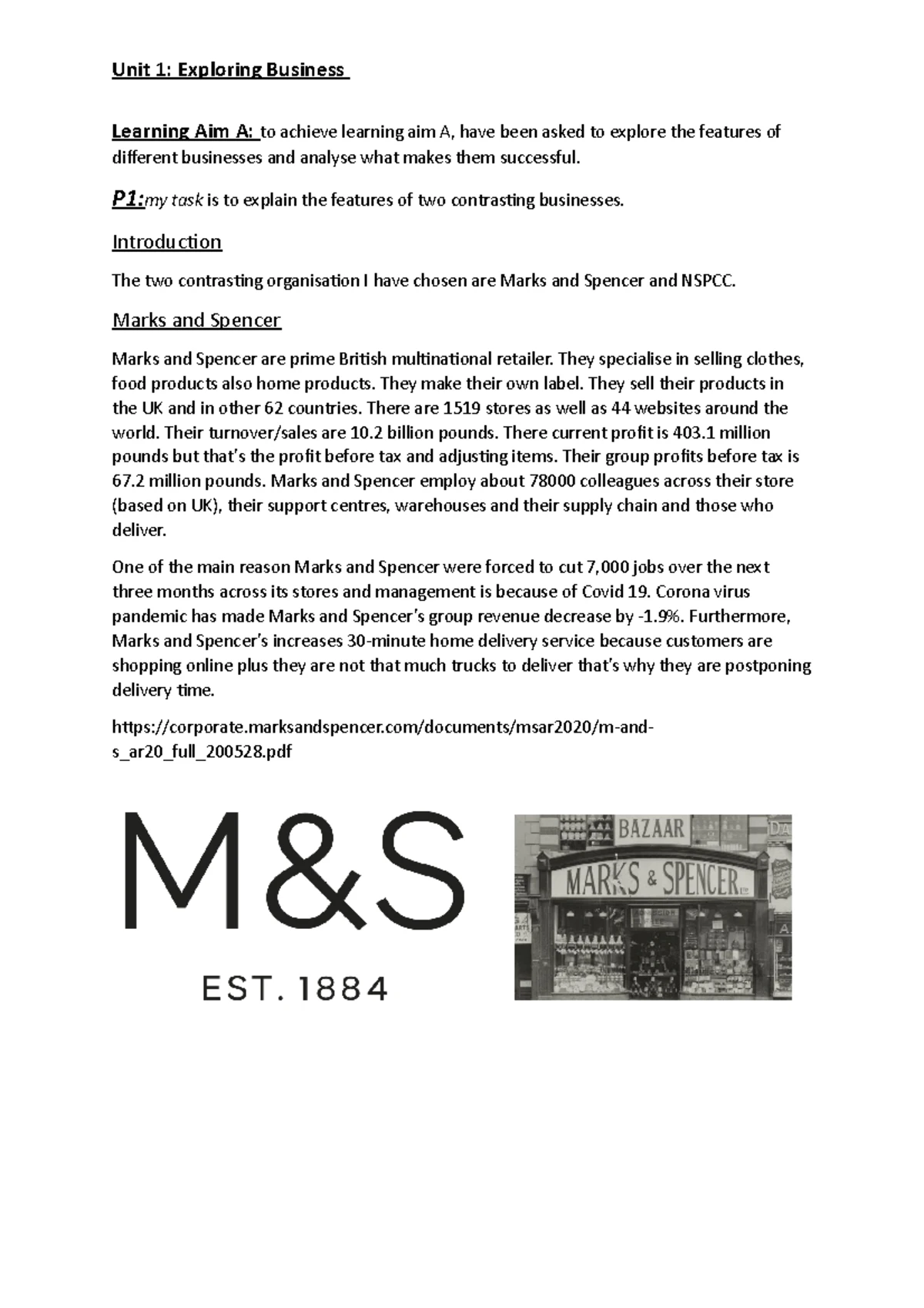 Learning Aim E Unit 1 P7 - done - Unit 1: Exploring Business Learning ...