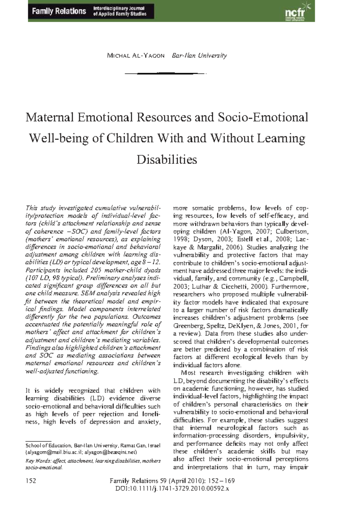 MICHAL University Maternal Emotional Resources & Child Adjustment (LD ...