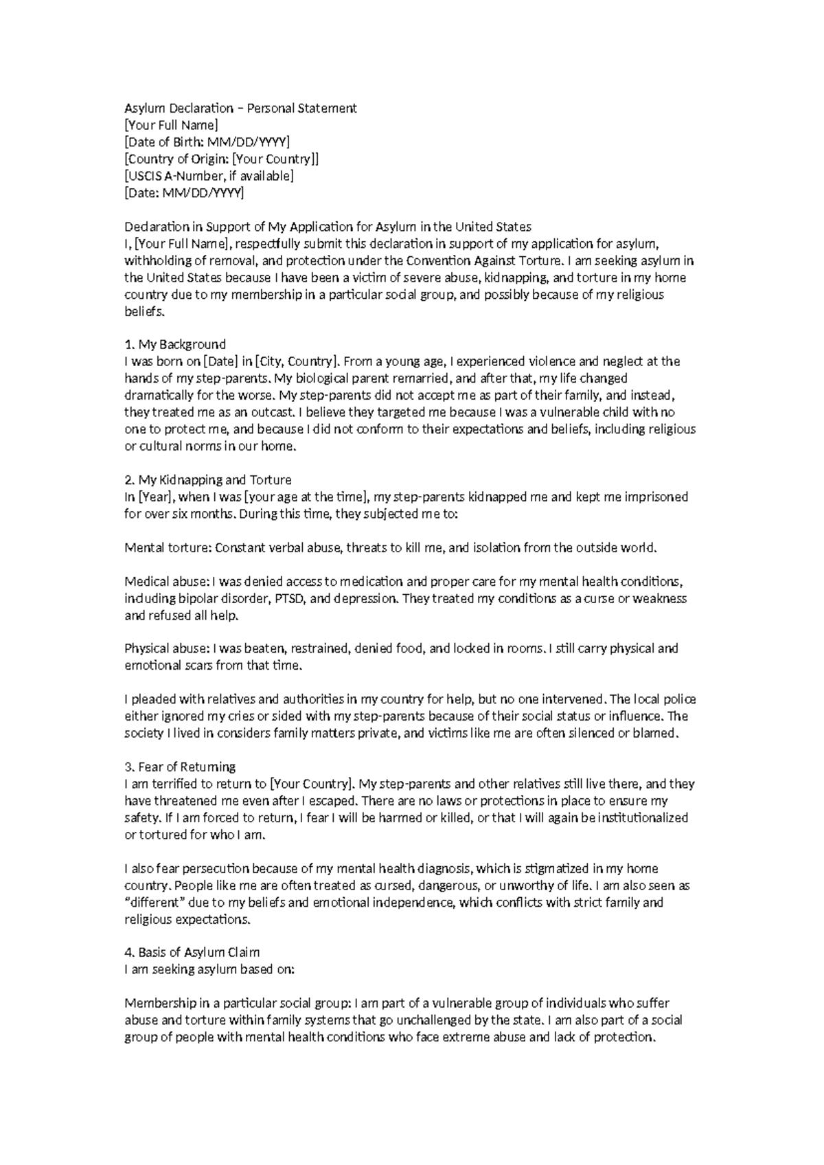 Asylum Application Personal Statement: Support Declaration for U.S ...