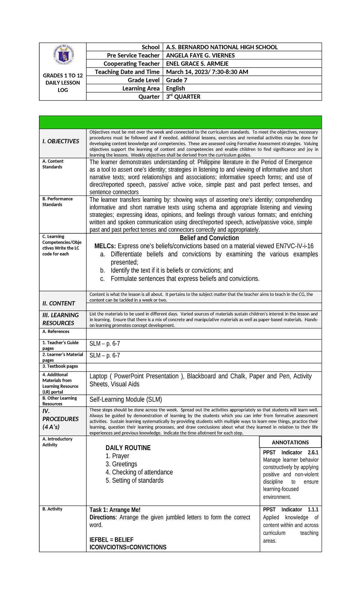 Grade 7 English Daily Lesson Log - 3rd Quarter (2nd Demo) - Studocu