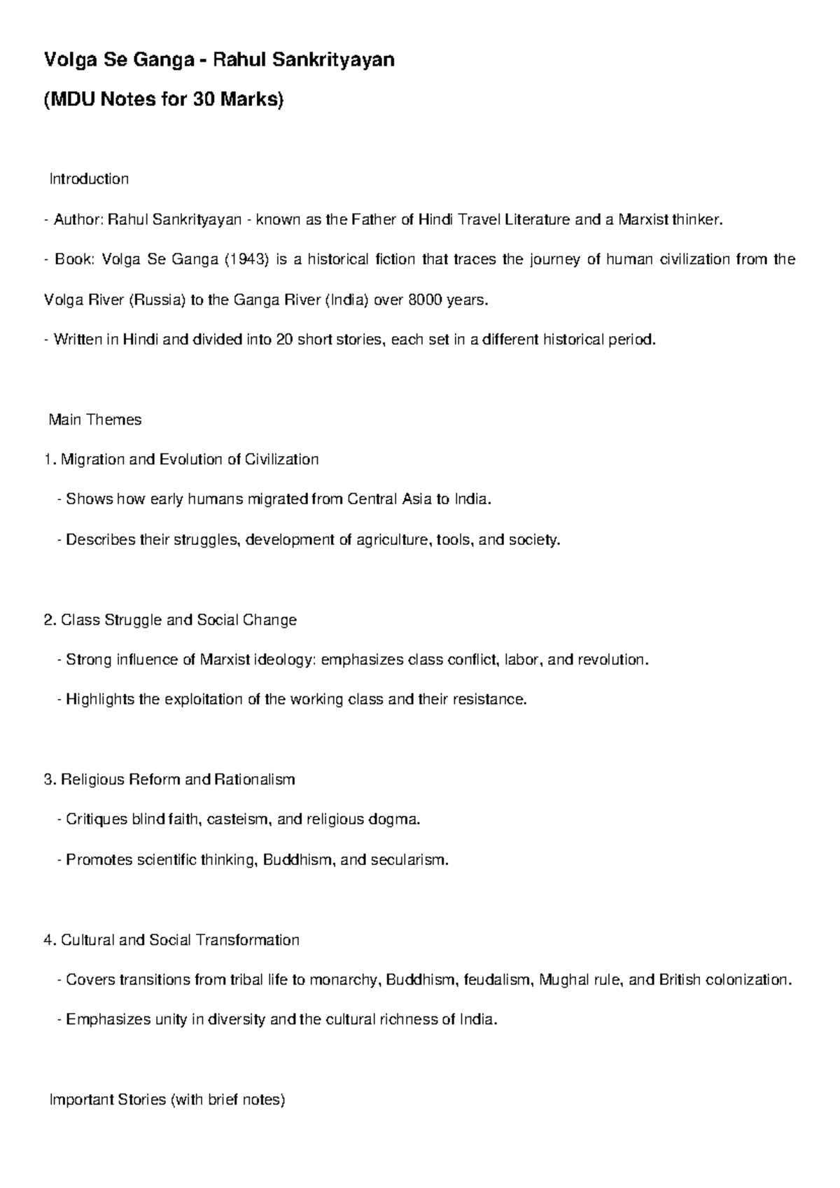 Volga Se Ganga MDU Notes: Themes & Analysis for 30 Marks Exam - Studocu