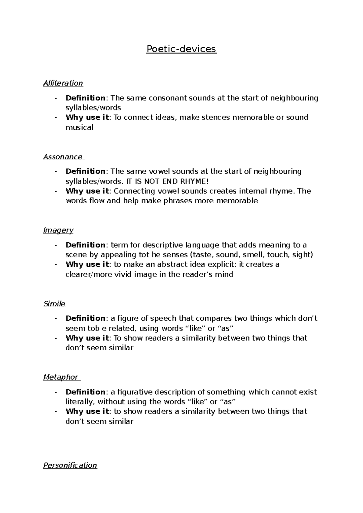 Engels Poetic Devices: Alliteration, Assonance, Imagery, Simile ...