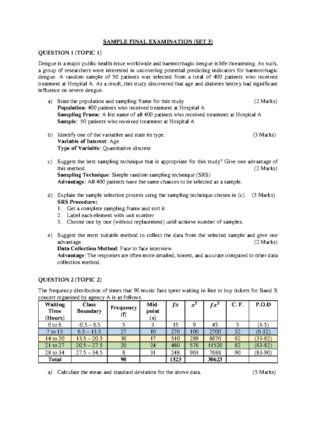Sample Final Exam STA104 Set 3: Haemorrhagic Dengue & Data Analysis ...