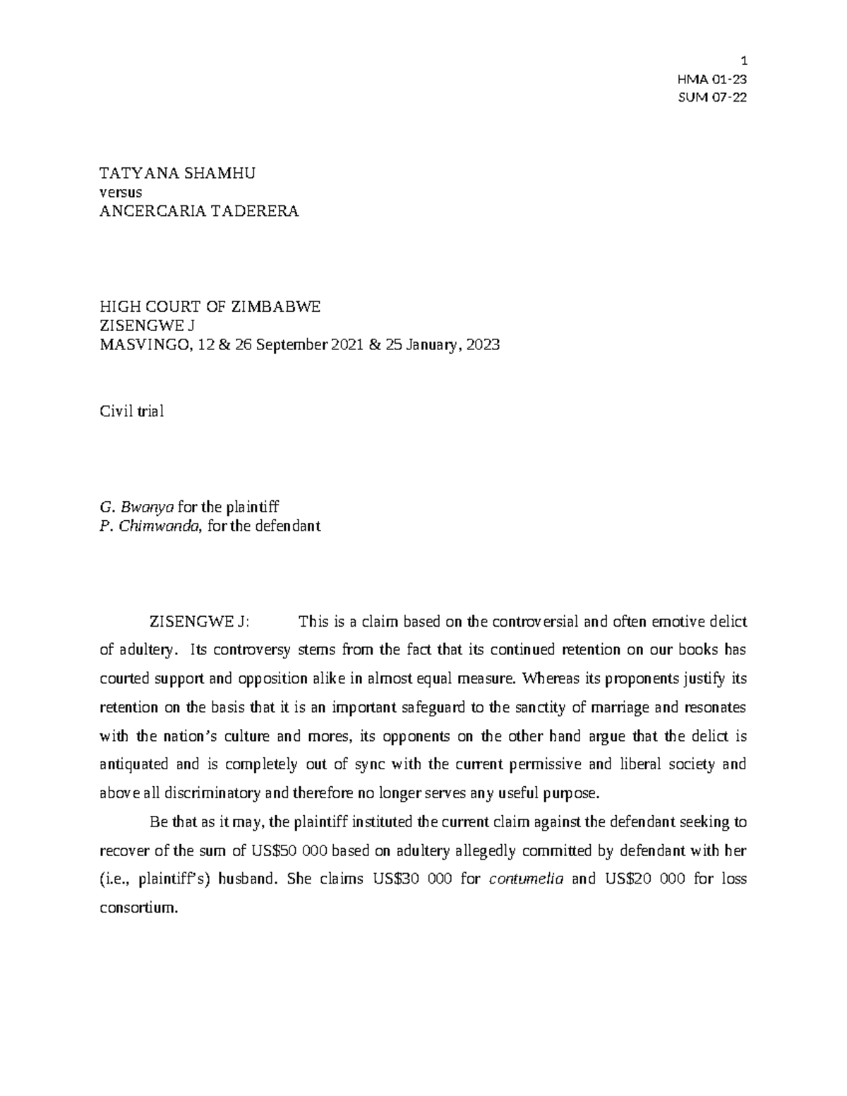 HMA SUM: Shamhu v Taderera - High Court Adultery Case Analysis - Studocu