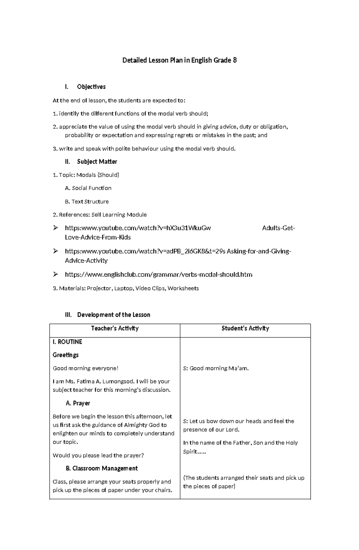 Detailed Lesson Plan: Using the Modal Verb "Should" in Grade 8 English ...