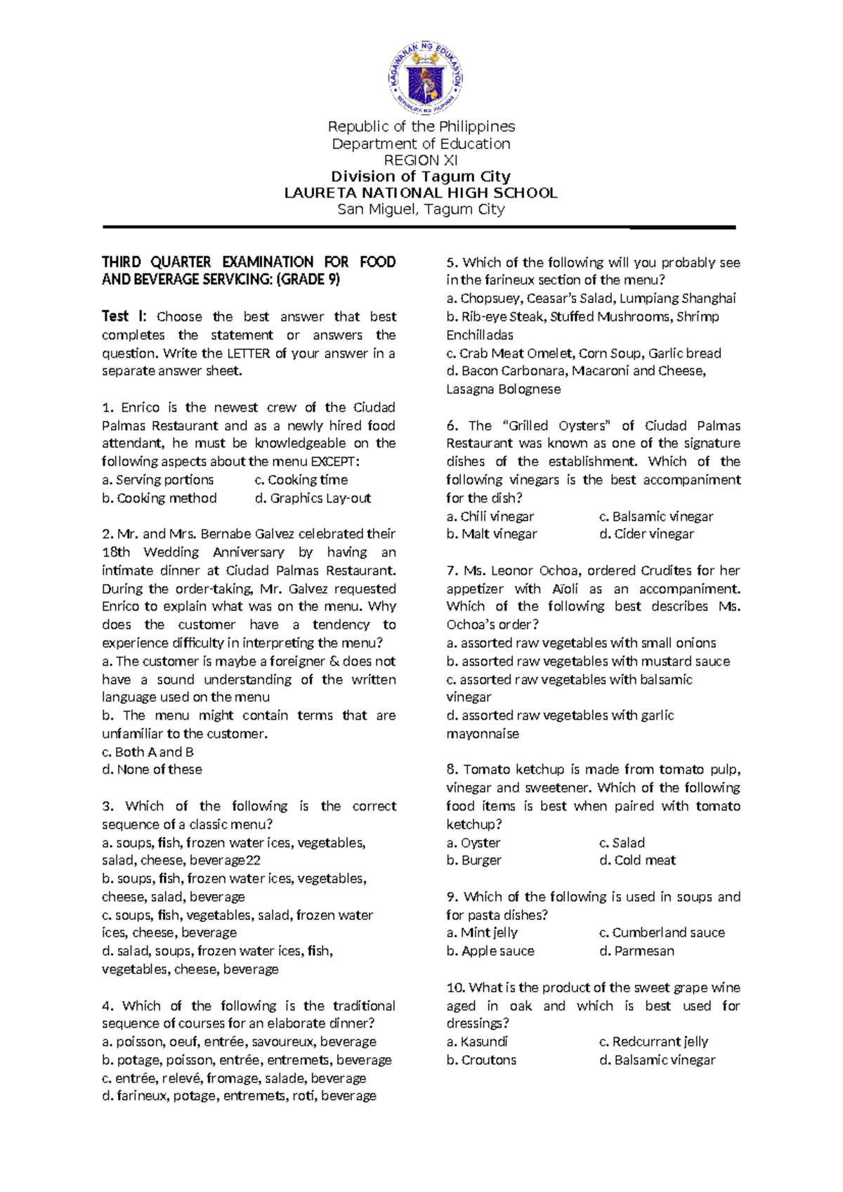 FBS-EXAM-3RD: Grade 9 Food and Beverage Servicing Test Questions - Studocu