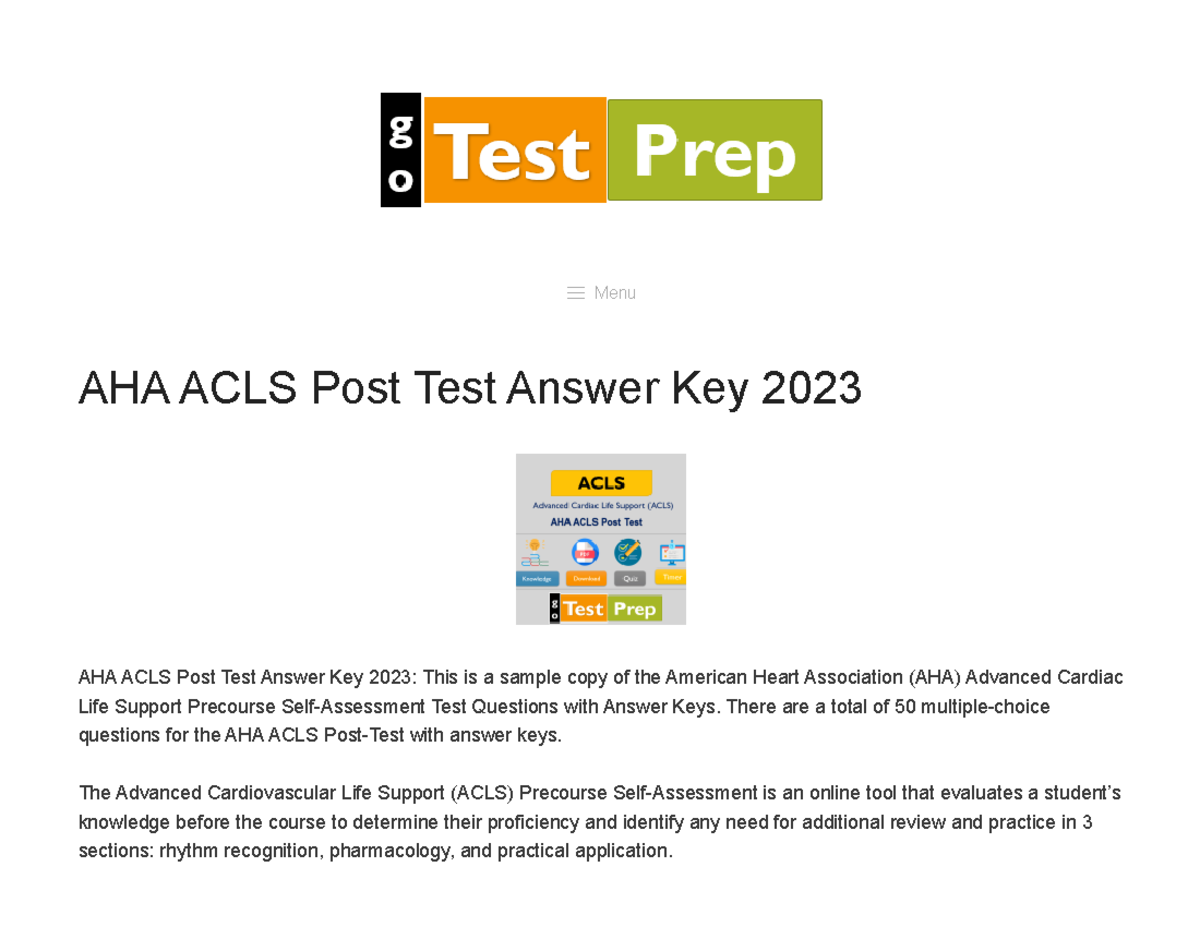 AHA ACLS Post Test 2023: Answer Key for 50 Questions - Studocu