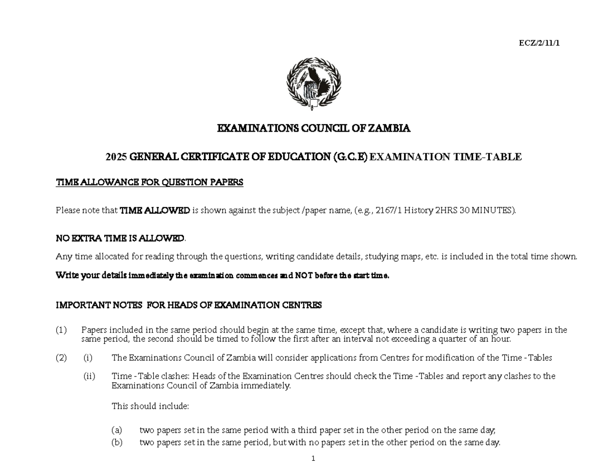 2025 GCE Exam Timetable - Final Version (ECZ/2/11) - Studocu