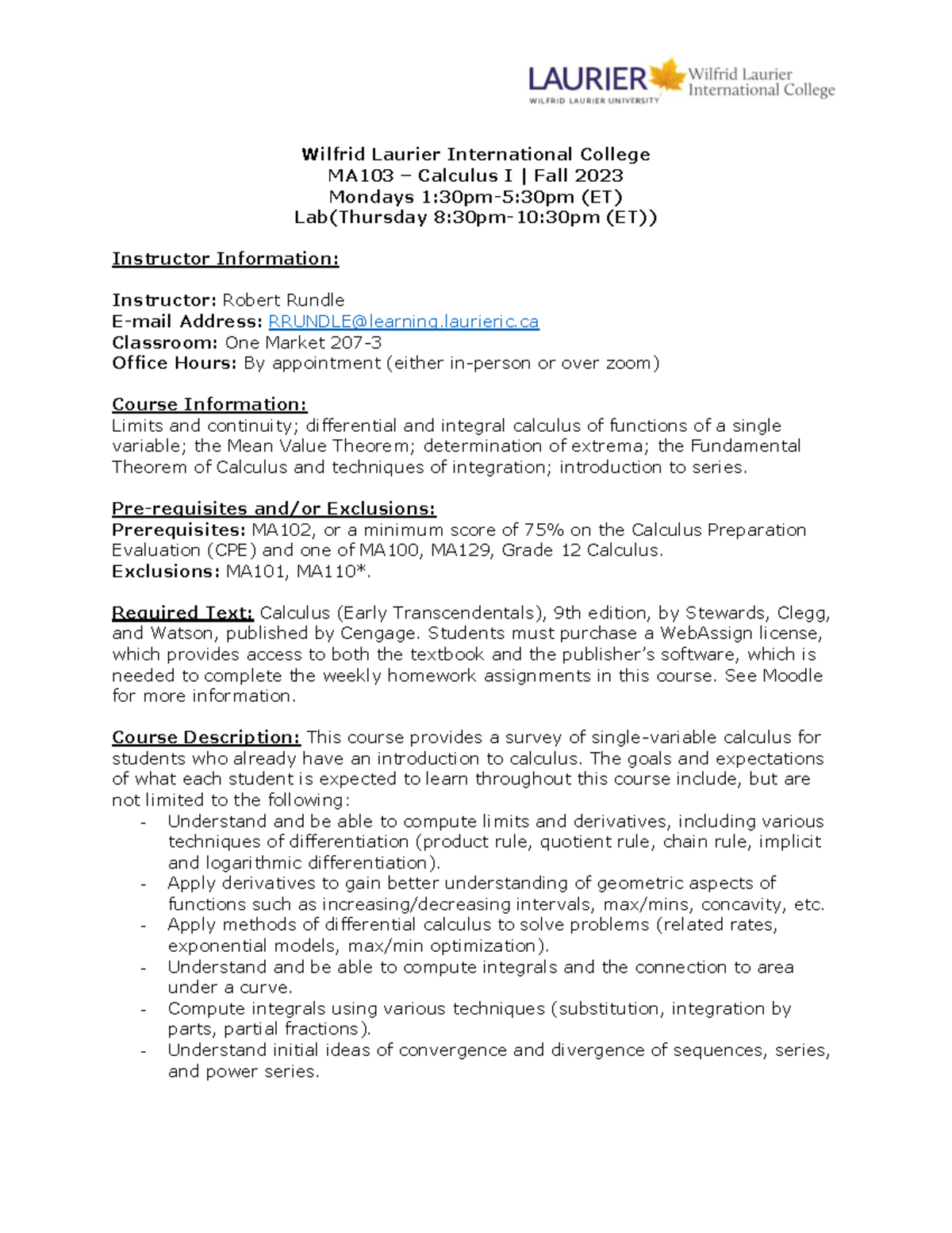 MA103 F23 Calculus I Course Outline & Schedule Summary - Studocu
