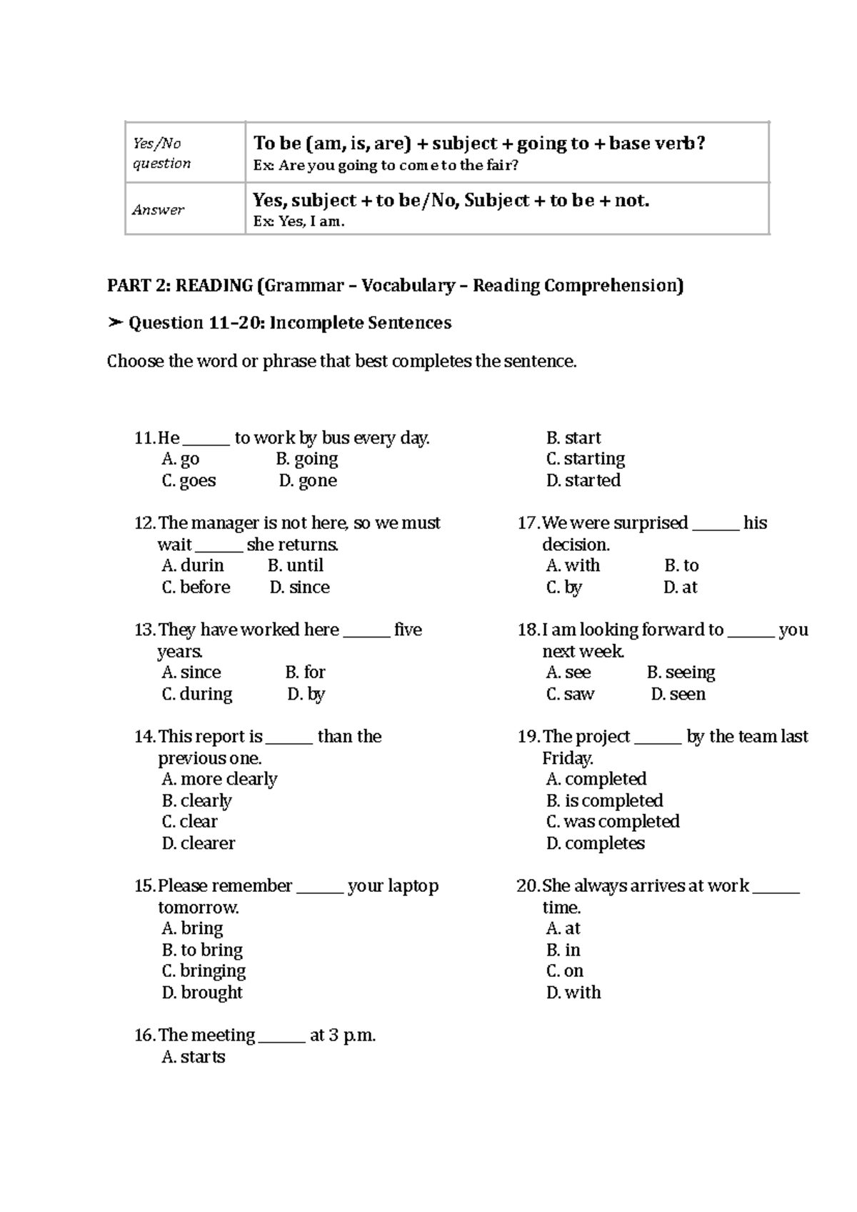H37 Ysola 2B 2501 Grammar & Reading Comprehension Practice - Studocu