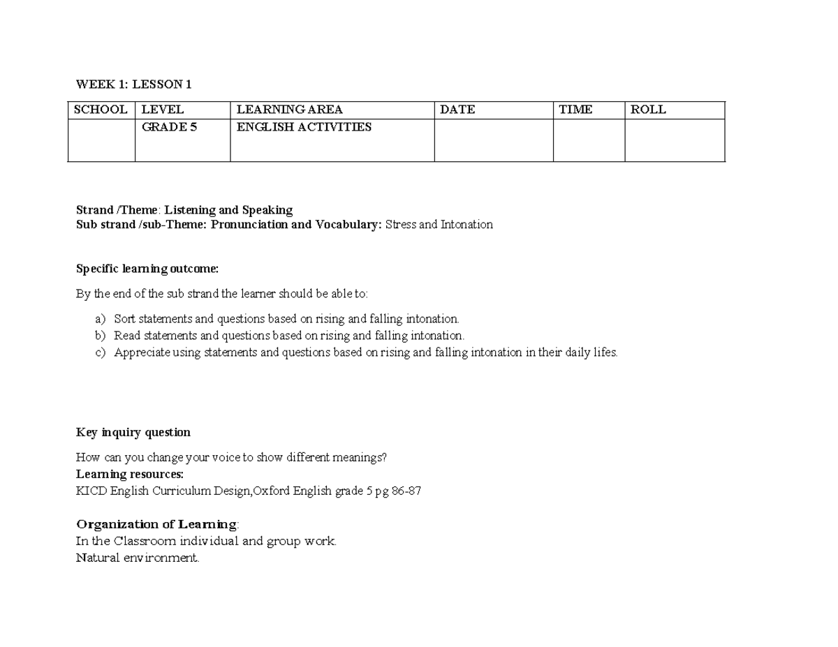 WEEK 1-3: GRADE 5 ENGLISH LESSONS & ACTIVITIES OVERVIEW - Studocu