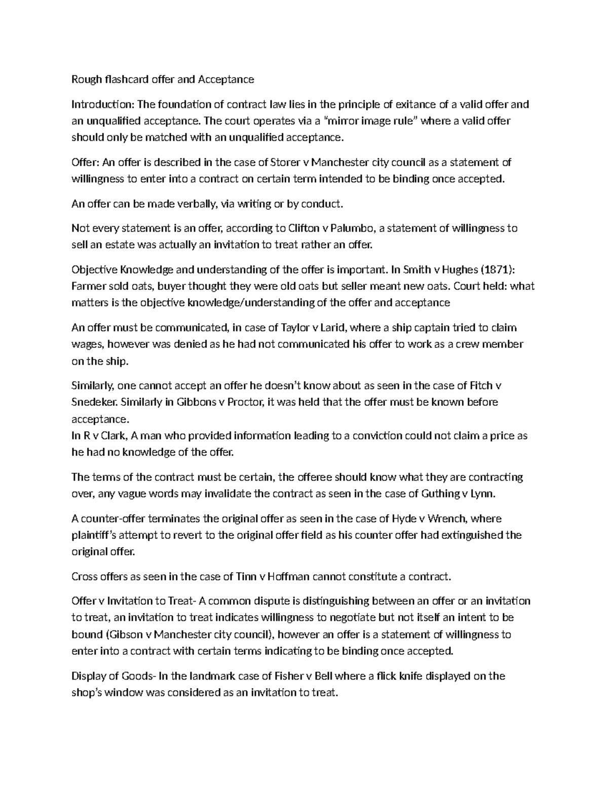 Rough Flashcards: Offer and Acceptance in Contract Law - Studocu