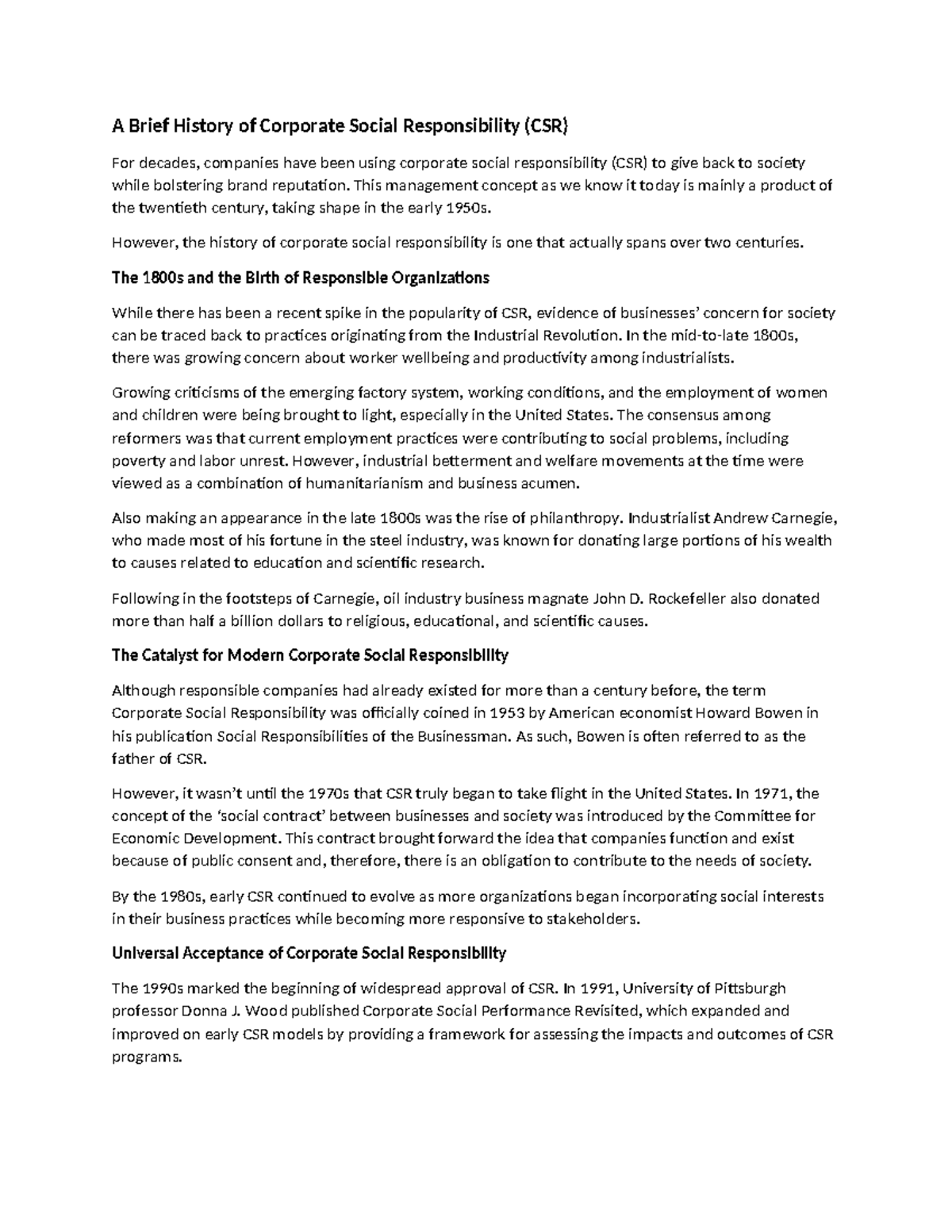 A Historical Overview of CSR: From 1800s to the 2013 Act - Studocu