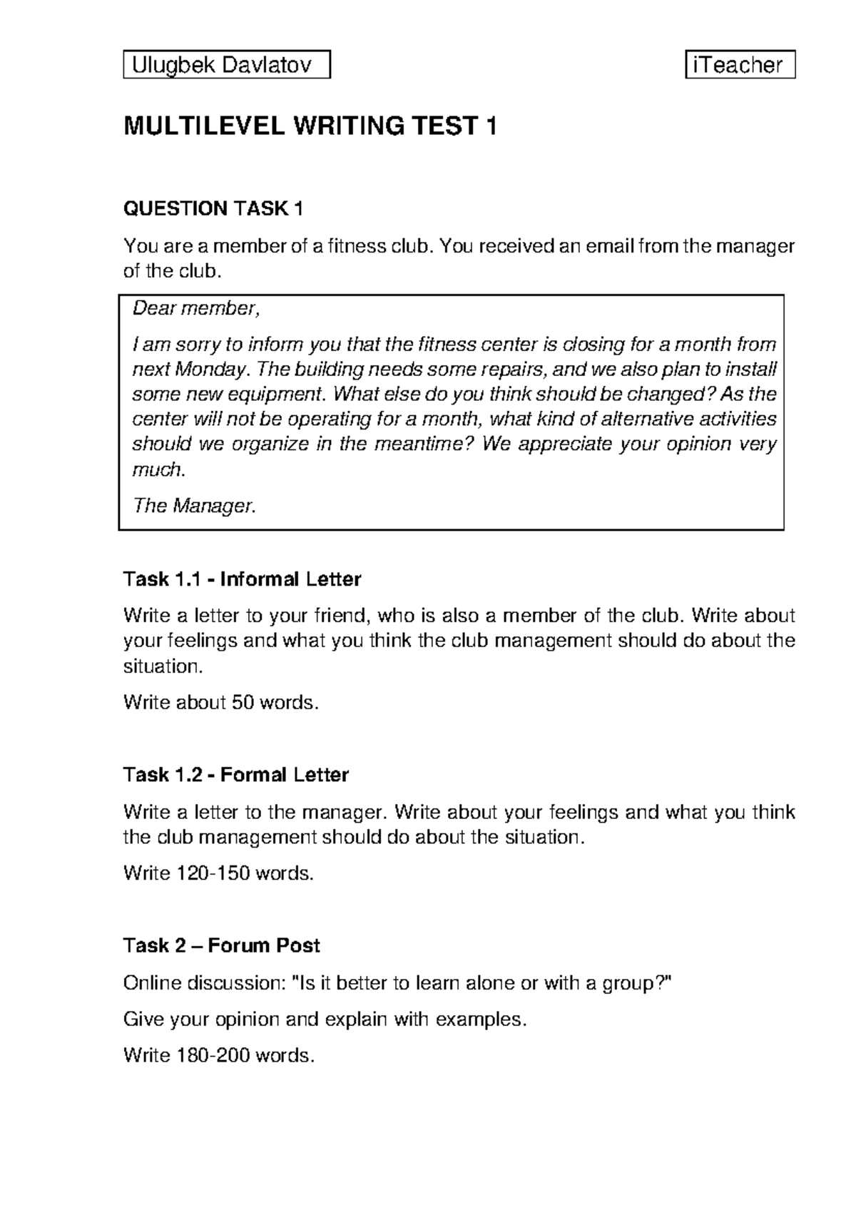 Ulugbek Davlatov iTeacher MULTILEVEL WRITING TEST Series: Tasks ...