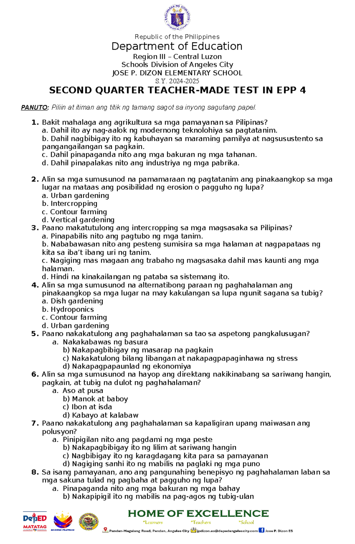 PT EPP-4- Matatag - EPP 4 LE - Republic of the Philippines Department ...