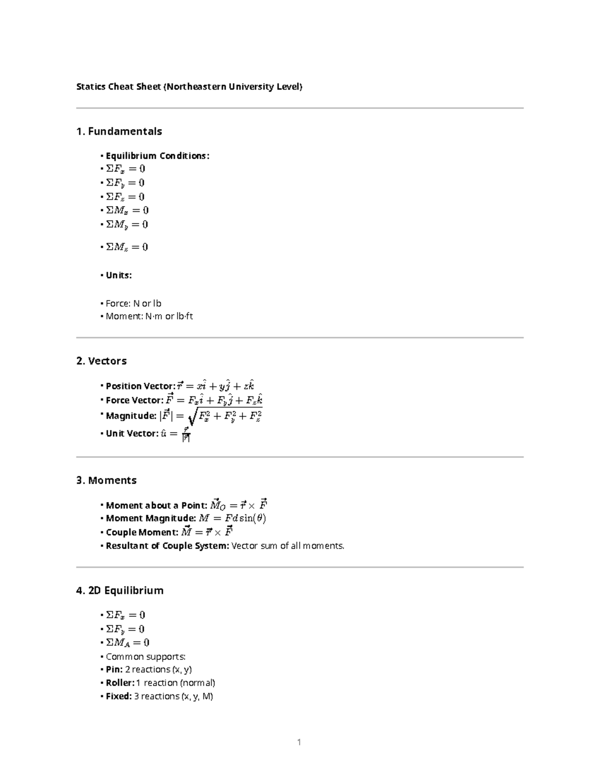 Statics Cheat Sheet (NEU) - Key Concepts & Equilibrium Conditions - Studocu