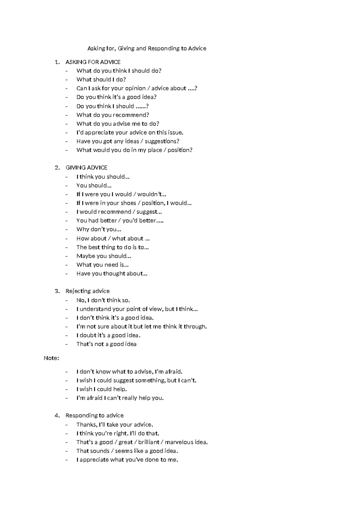 Asking for, Giving, and Responding to Advice: A Guide - Studocu