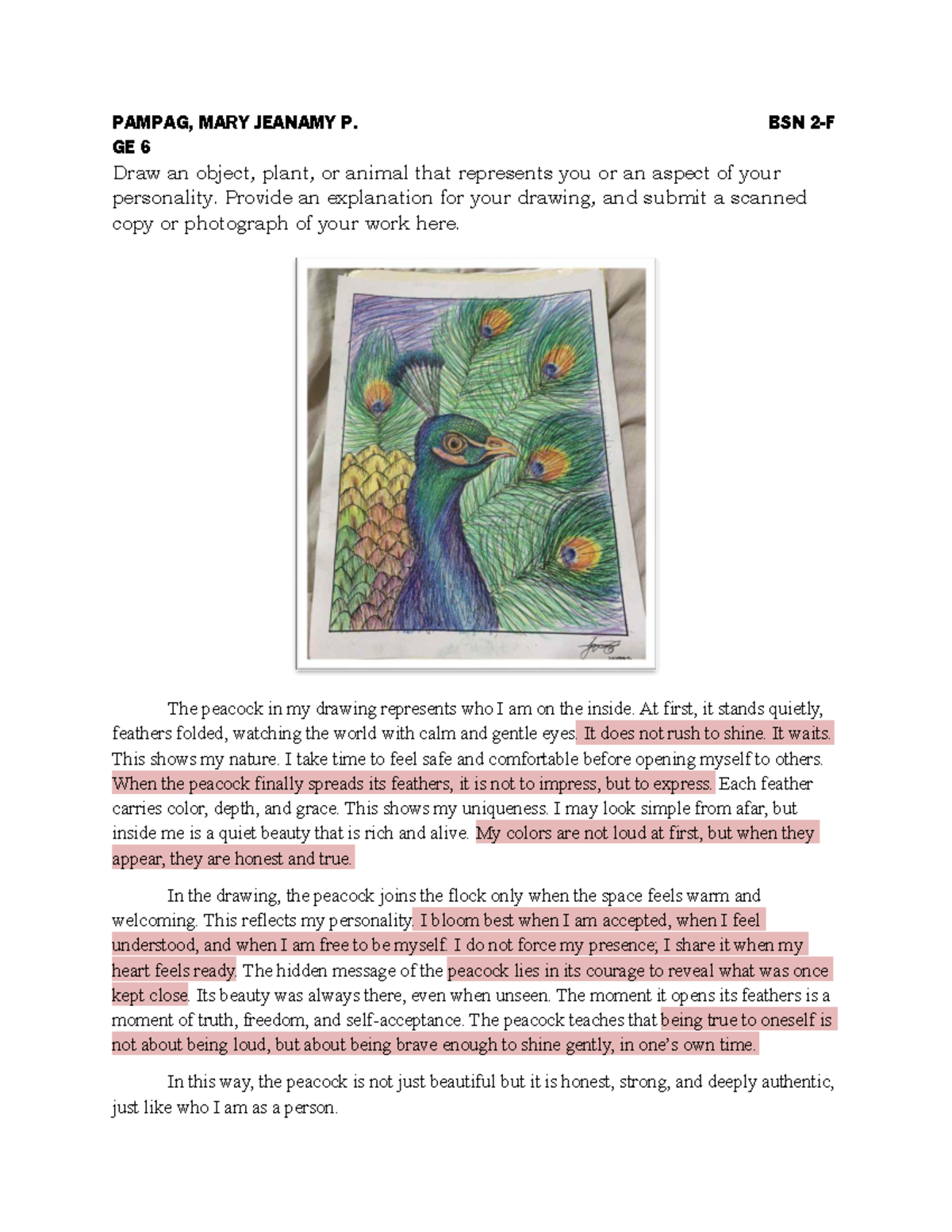 PAMPAG, MARY JEANAMY P. BSN GE 6: My Identity Through a Peacock Drawing ...