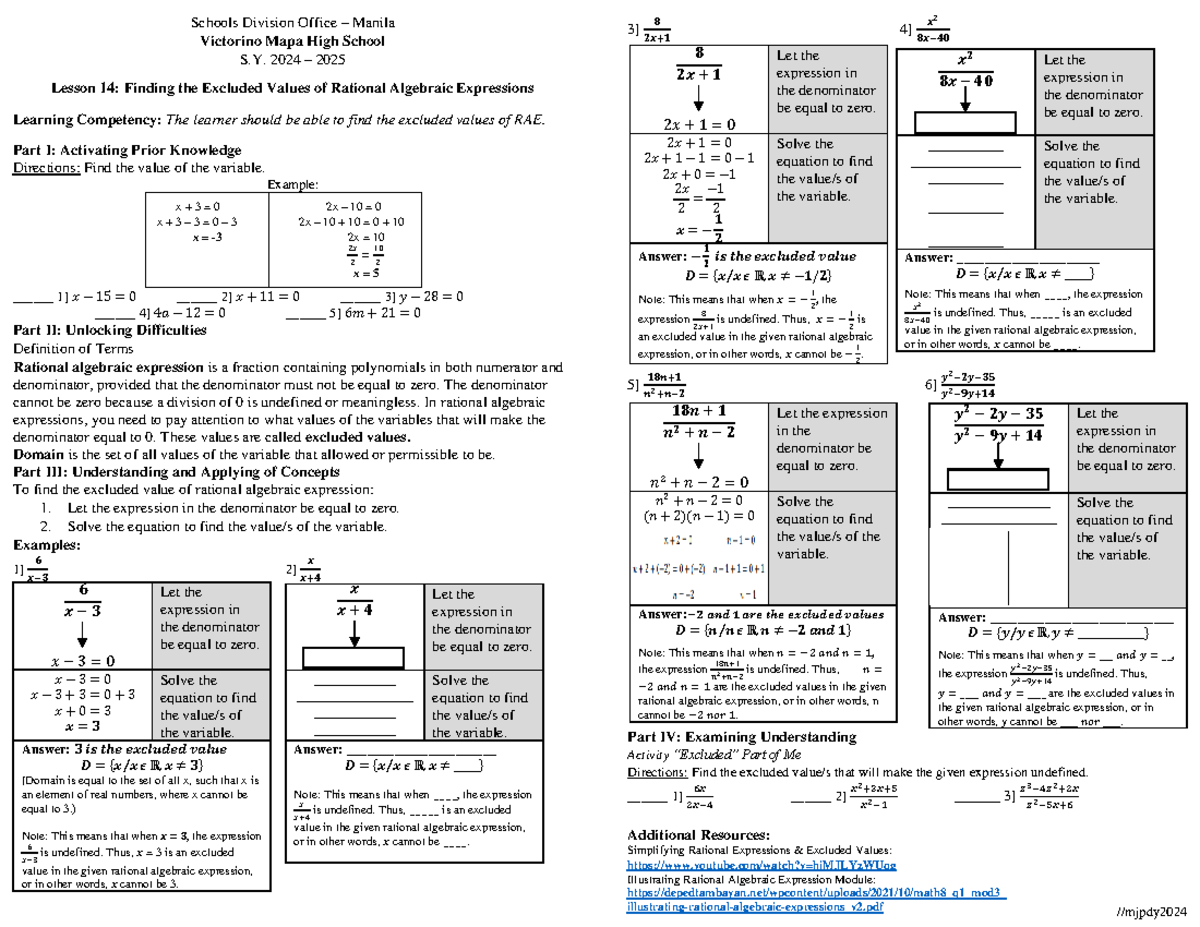 Finding Excluded Values of Rational Algebraic Expressions (S.Y. 2024 ...
