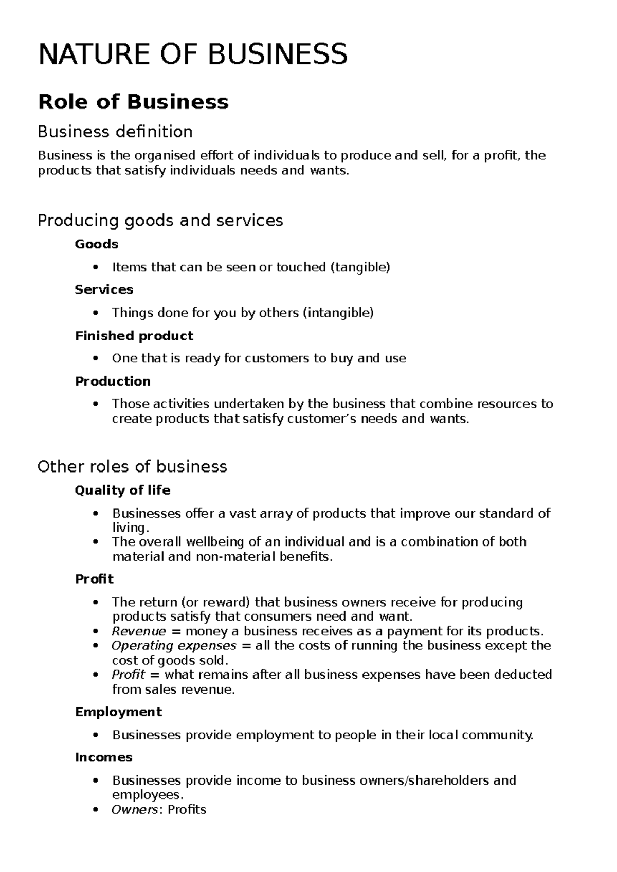 Nature of Business: Key Concepts and Definitions (BUS101 Notes) - Studocu