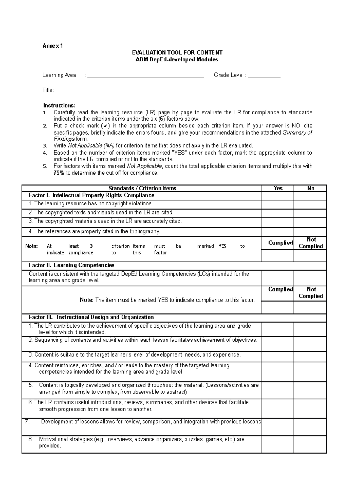 Evaluation TOOL FOR Content - Annex 1 EVALUATION TOOL FOR CONTENT ADM DepEd-developed Modules ...