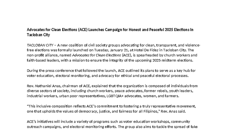 ACE Campaign for Honest & Peaceful 2025 Elections in Tacloban - Studocu