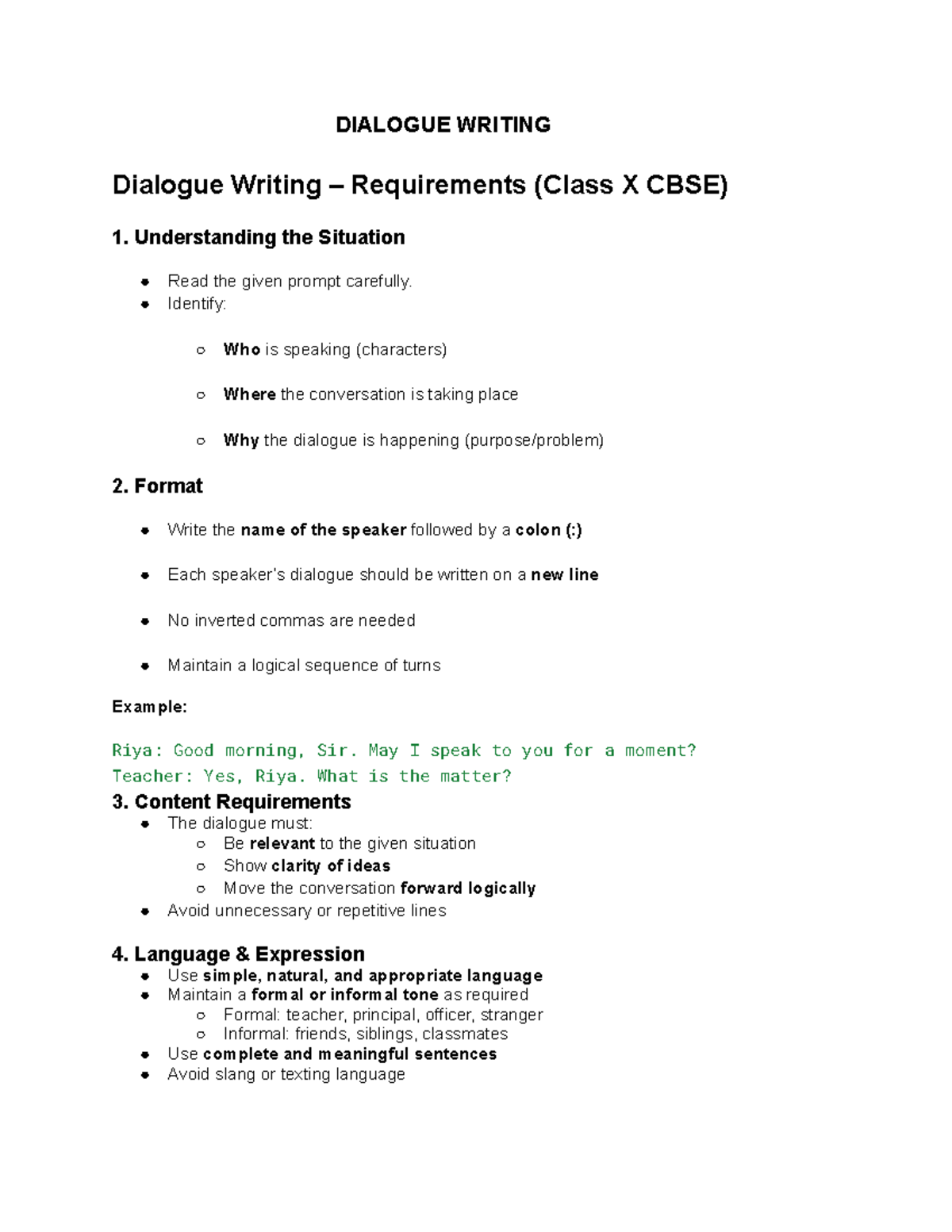 Dialogue Writing X - Rules and Requirements for Class X CBSE - Studocu