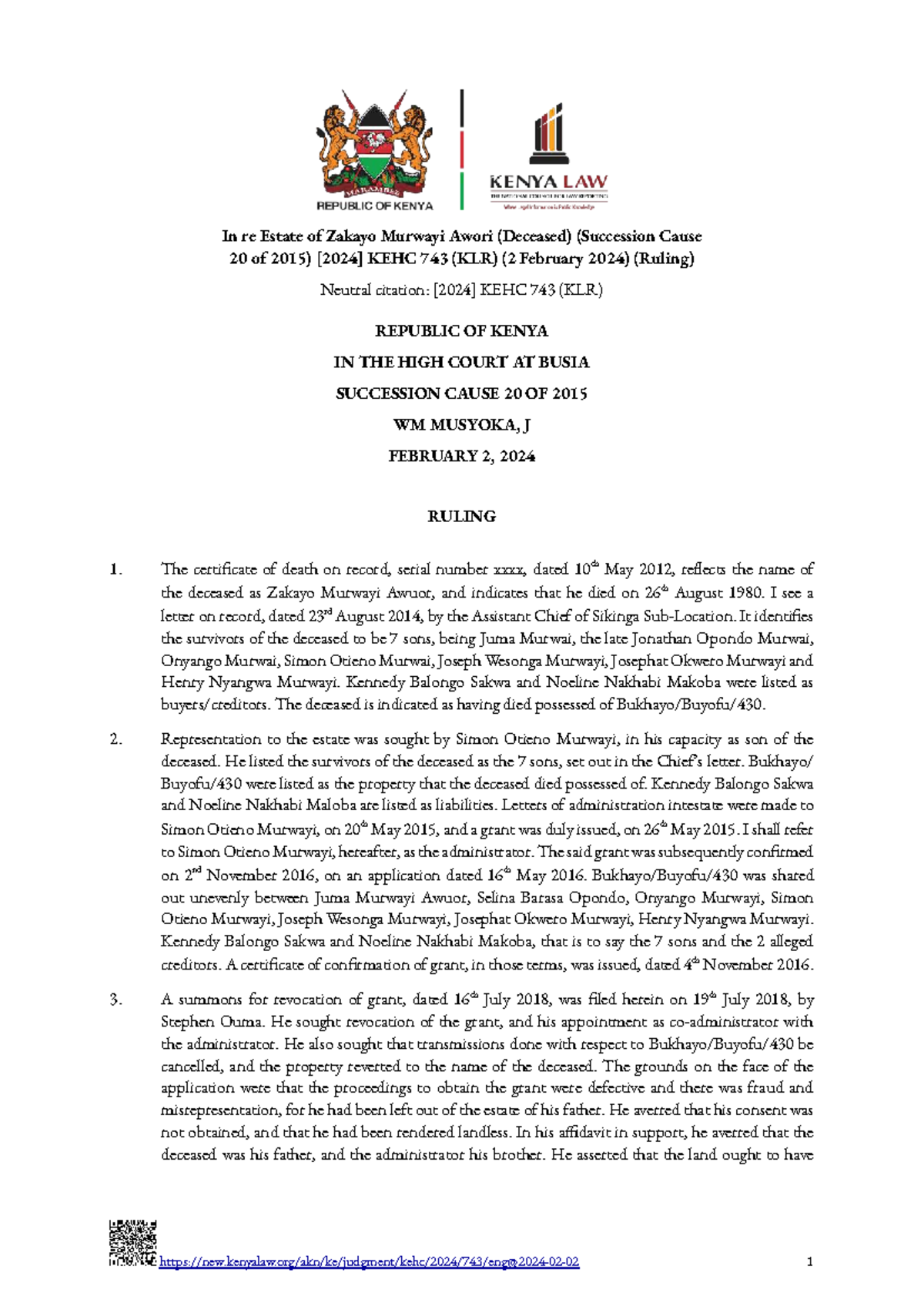 In re Estate of Zakayo Murwayi Awori (Deceased) - Succession Cause 20/ ...