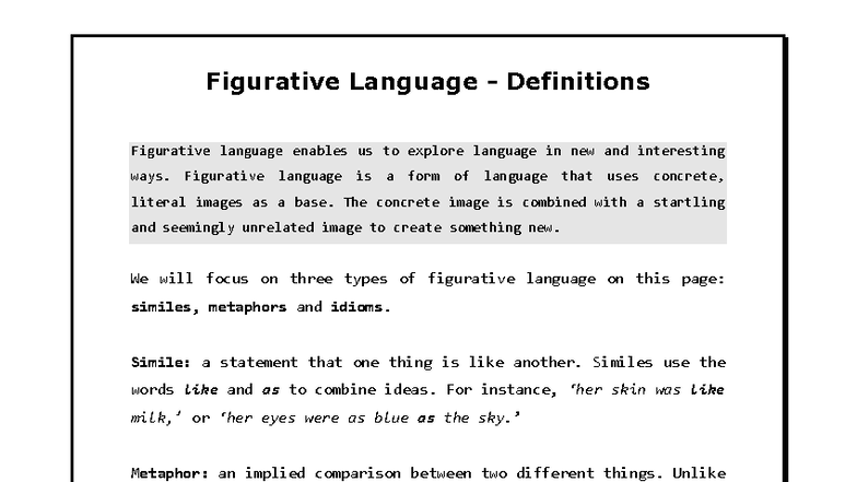 Figurative Language Activity 1: Similes, Metaphors, and Idioms - Studocu