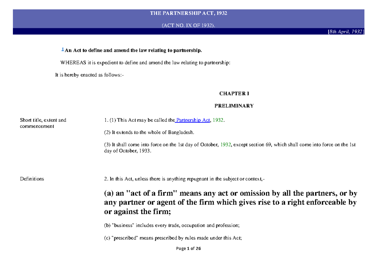 Important Notes on The Partnership Act, 1932 - Key Provisions - Studocu