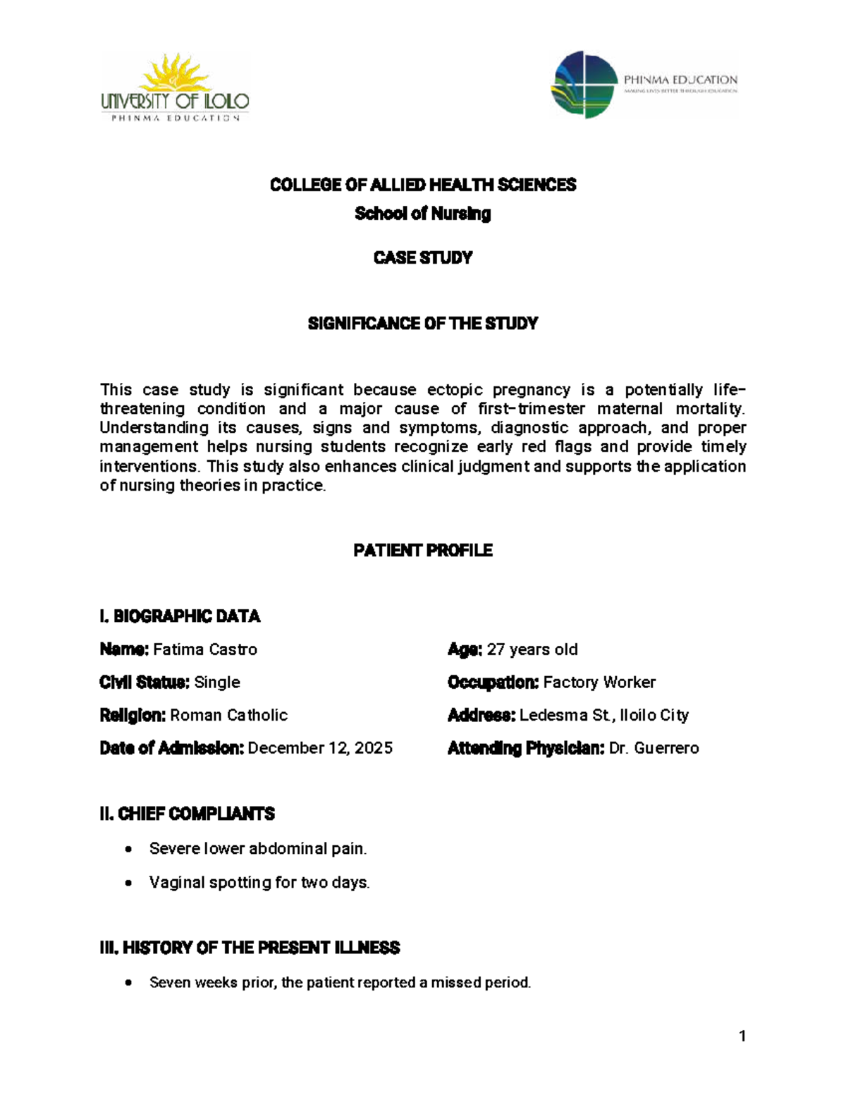 Nursing Case Study: Ectopic Pregnancy Significance (NURS 101) - Studocu