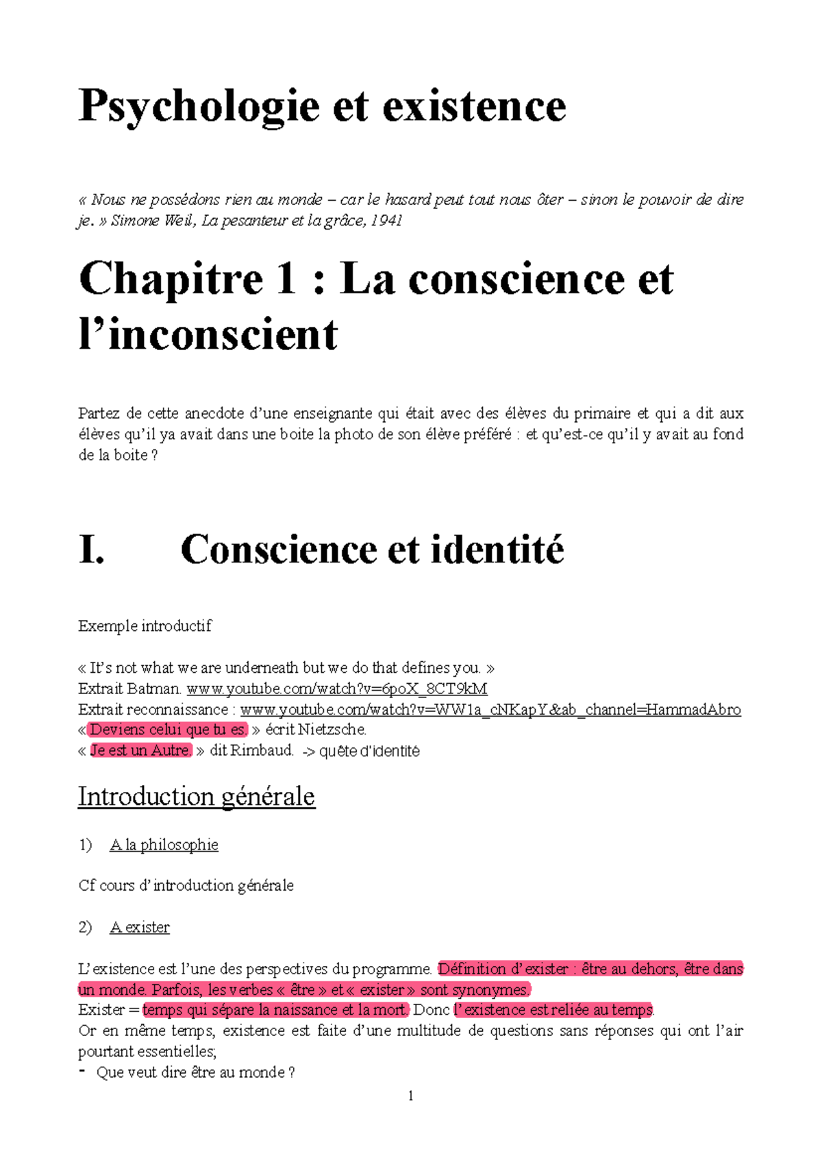 Cours PSY101 : Chapitre 1 - La Conscience et l'Inconscient - Studocu